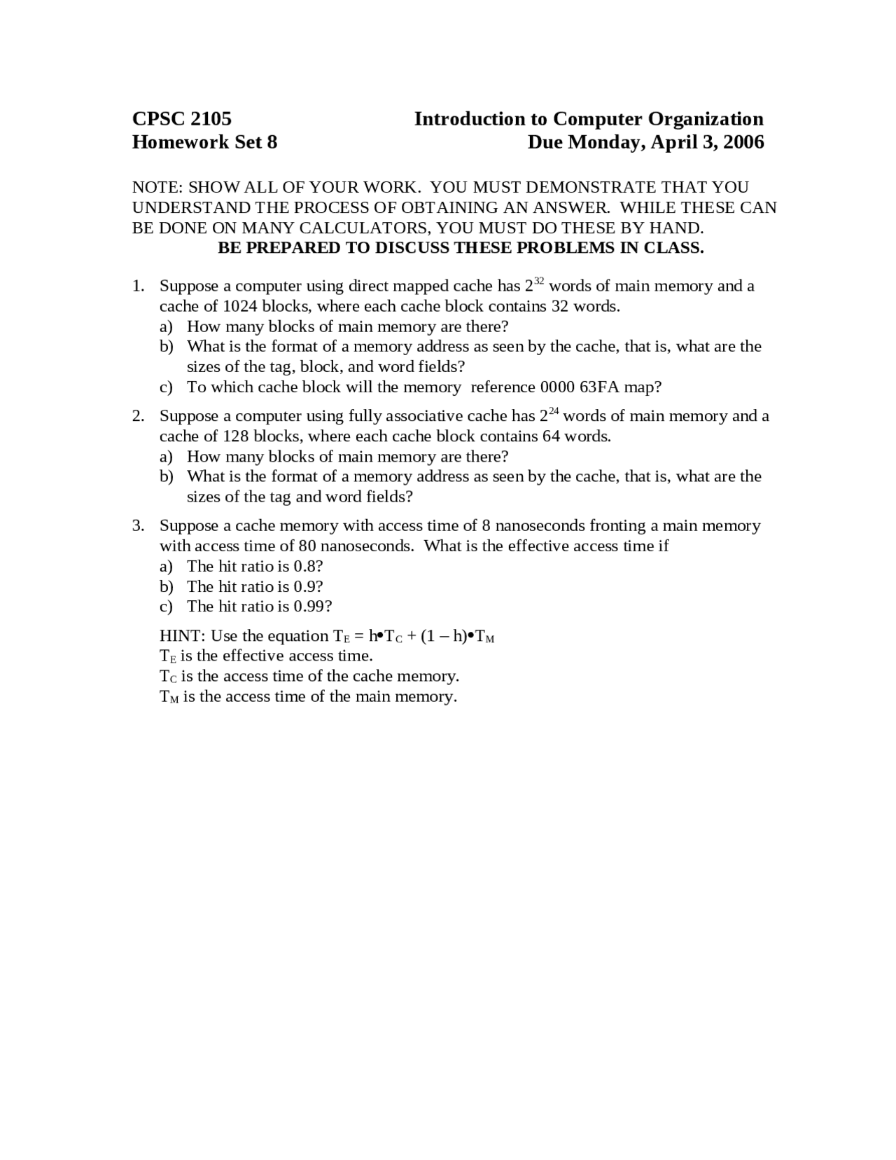 Practice Homework Set 8 Computer Organization Cpsc 2105 Docsity
