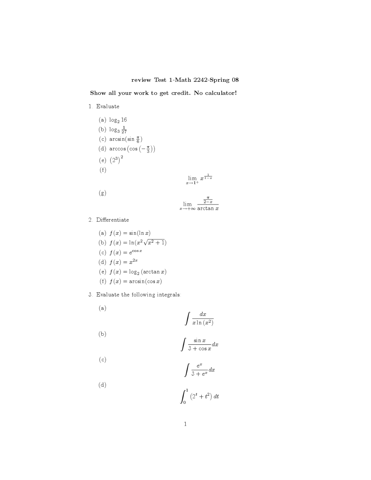 Review Test 1 for Calculus II - Fall 2008 | MATH 2242 - Docsity