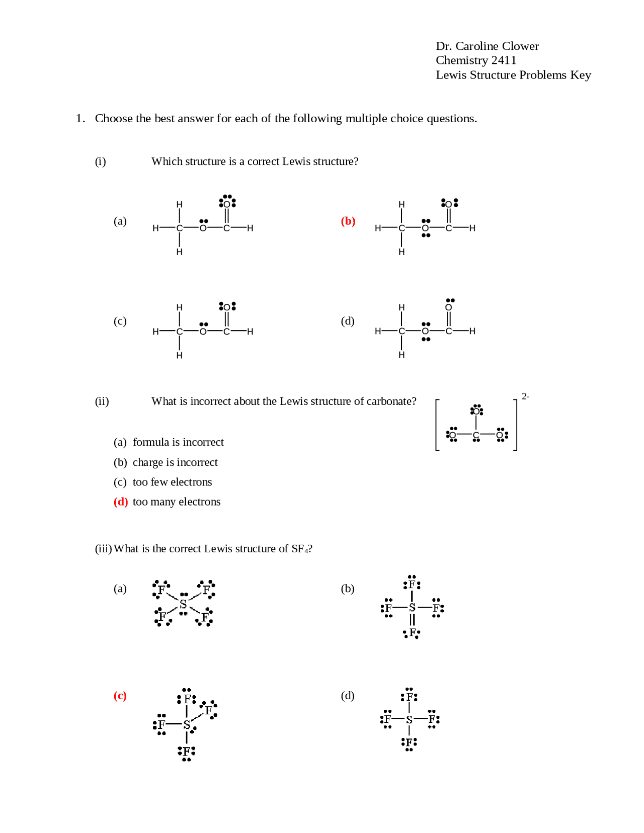 Lewis Structures - Organic Chemistry I - Problems Key | CHEM 2411 - Docsity