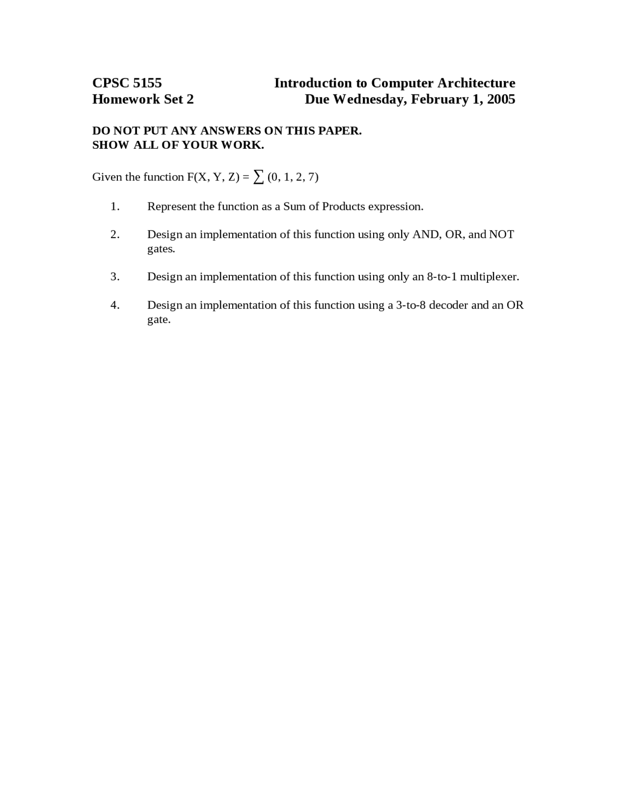 Homework Set 2 With 4 Practice Problems On Computer Architecture Cpsc 5155u Docsity