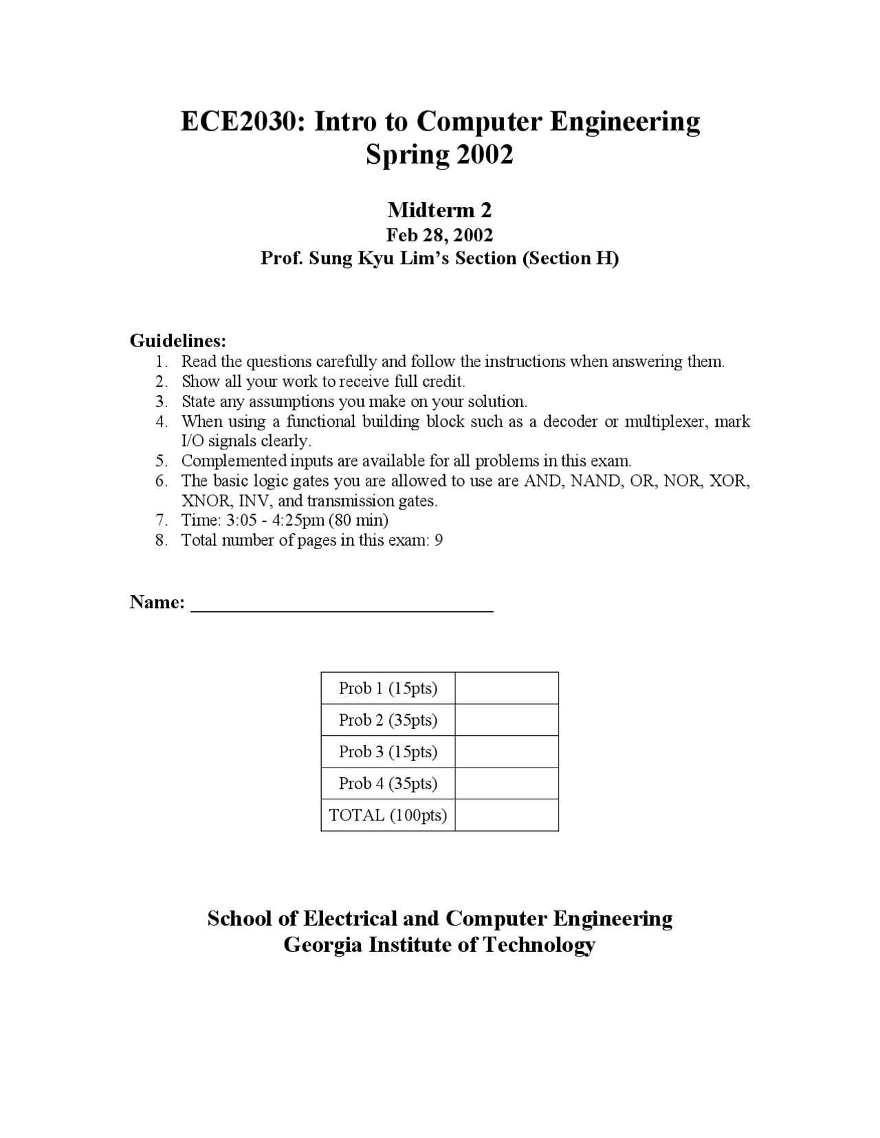 Introduction To Computer Engineering Midterm Ece 2030 Docsity