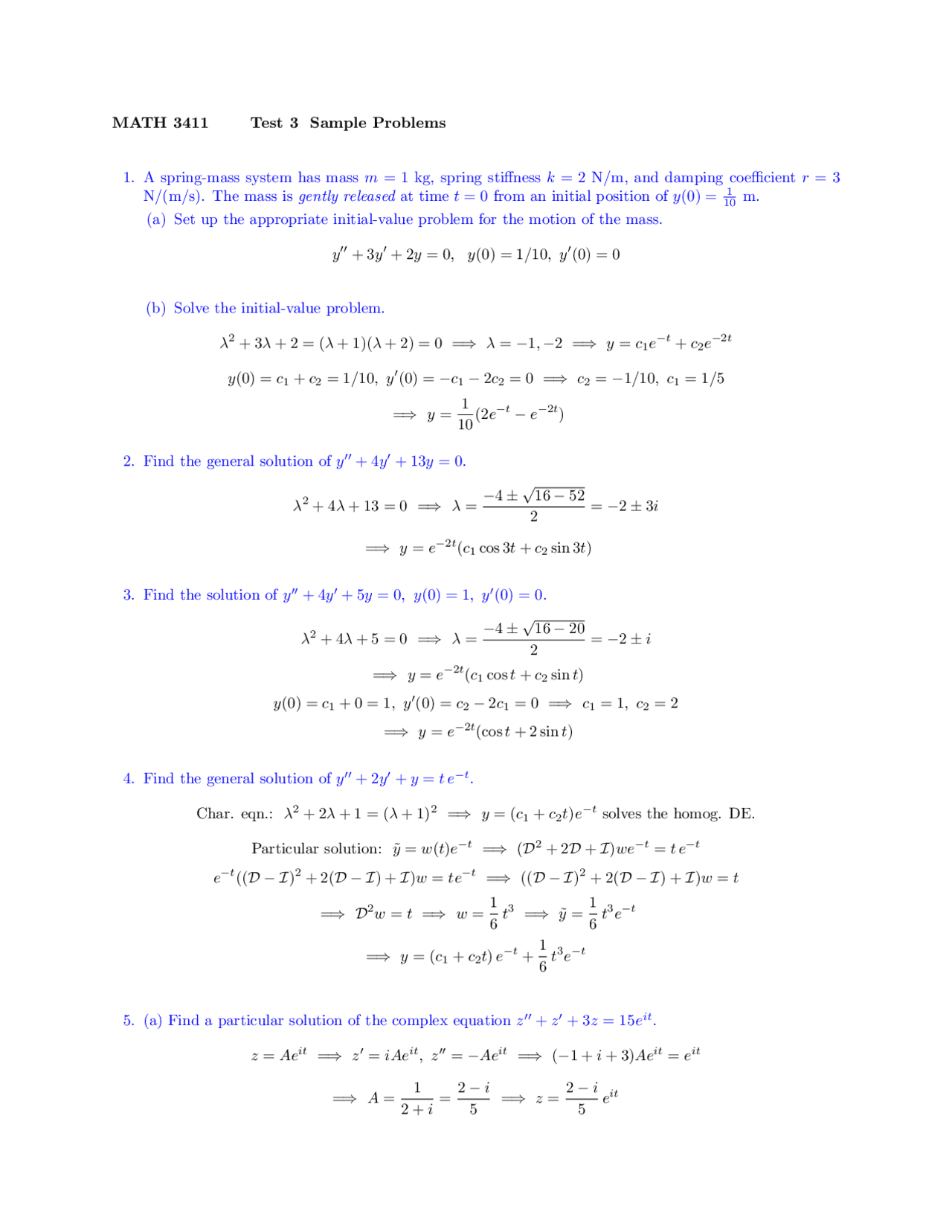 Test 3 Sample Problems - Differential Equations | MATH 3411 - Docsity
