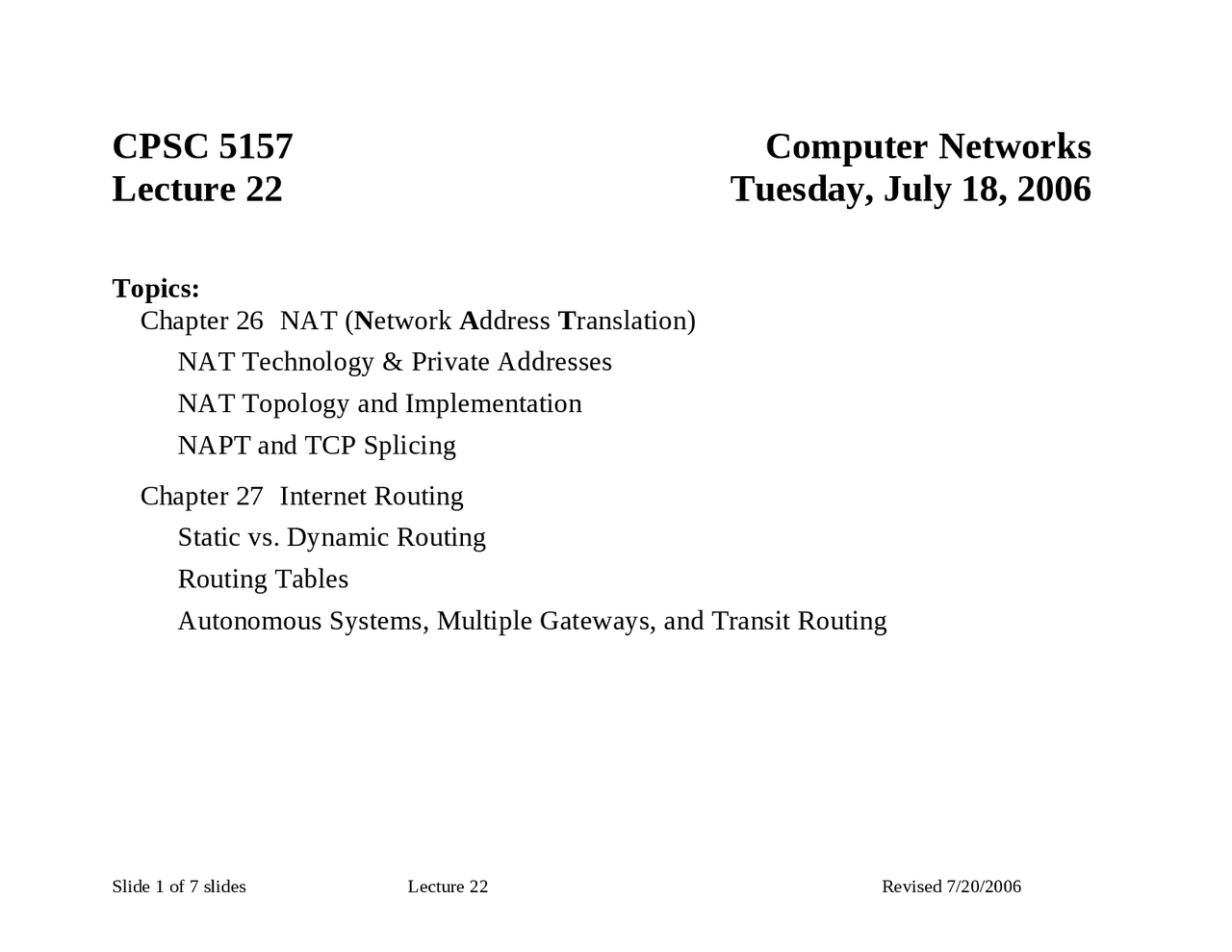 Notes On Network Address Translation Computer Networks Cpsc 5157g Docsity