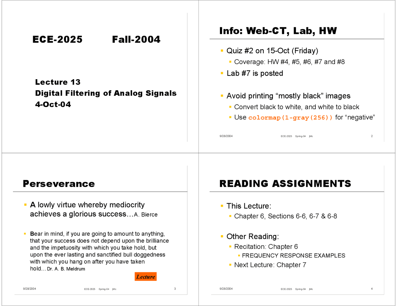Digital Filtering of Analog Signals - Lecture 13 in ECE-2025 Spring-04 - Prof. Gee-Kung Ch ...
