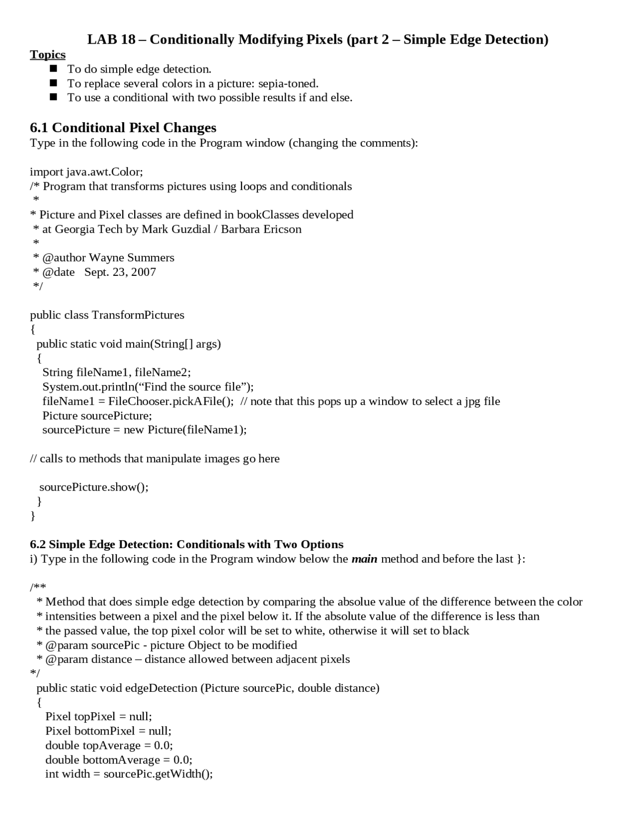 Simple Edge Detection - Modifying Pixels - Lab | CPSC 1301 | Lab Reports Computer Science | Docsity