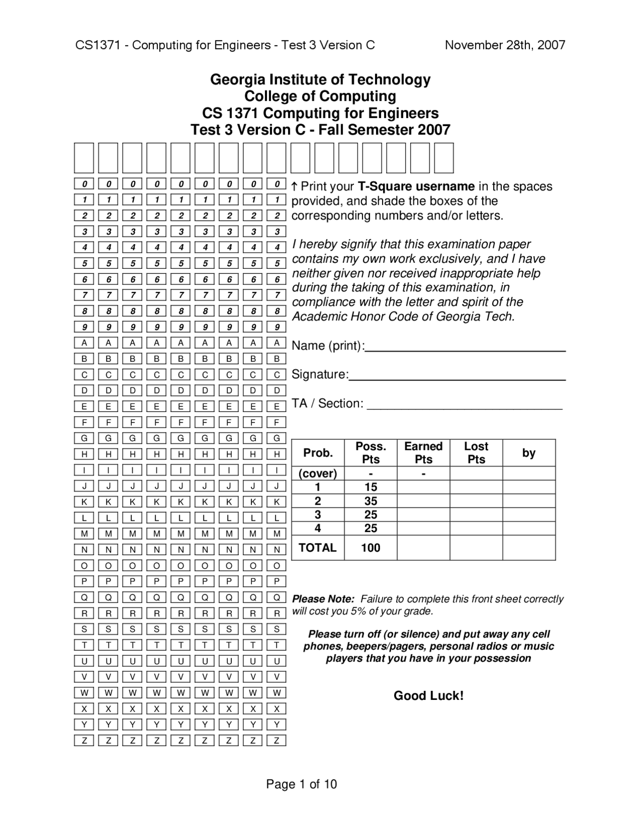 Test 3 Sample Questions Computing For Engineers Fall 2007 Cs 1371