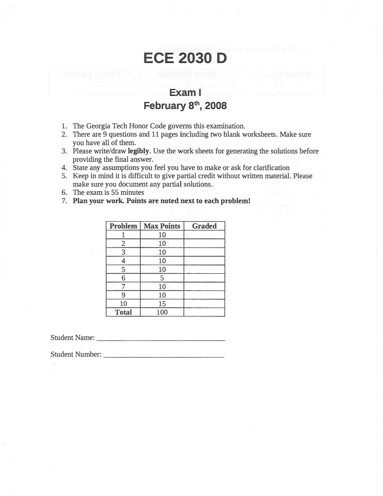 Solutions for Exam 1 - Introduction to Computer Engineering | ECE 2030 - Docsity