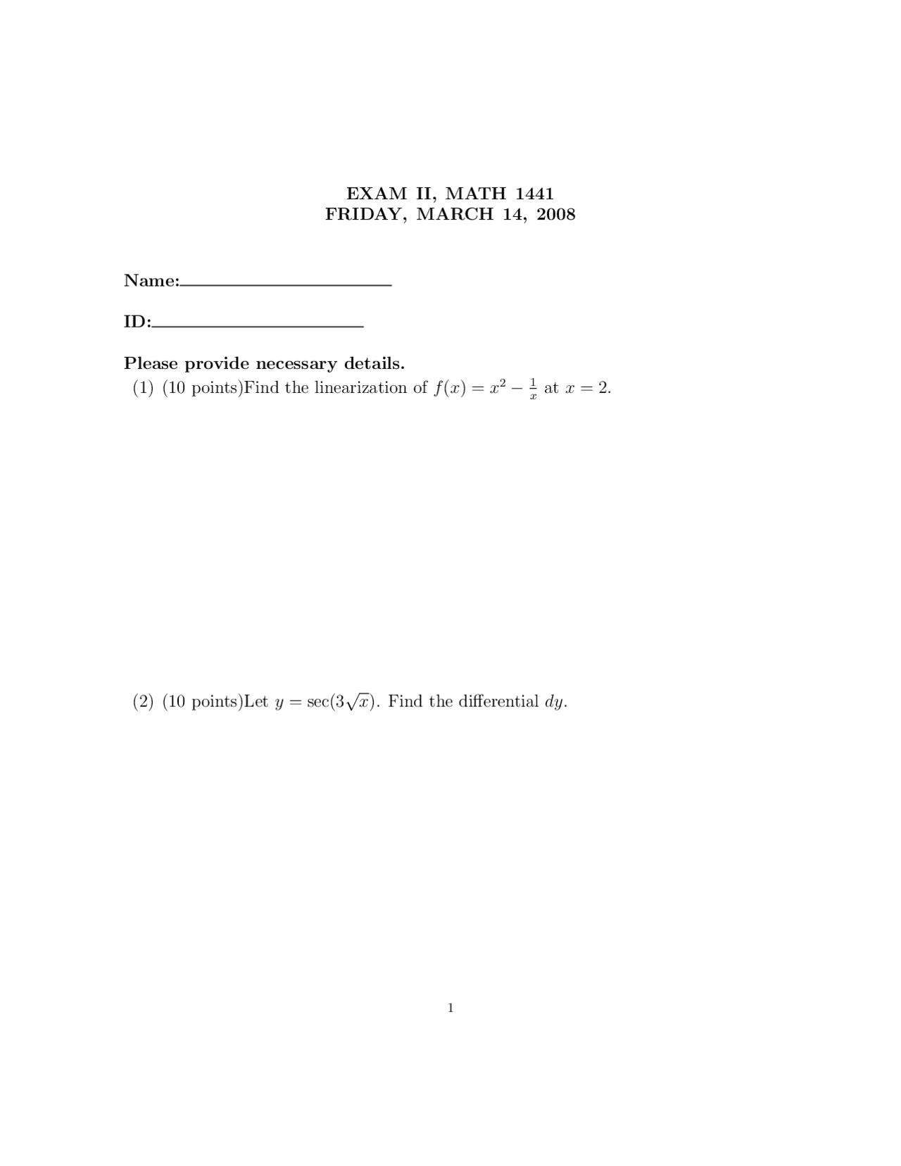 Practice Exam 2 - Calculus I - 2008 | MATH 1441 - Docsity