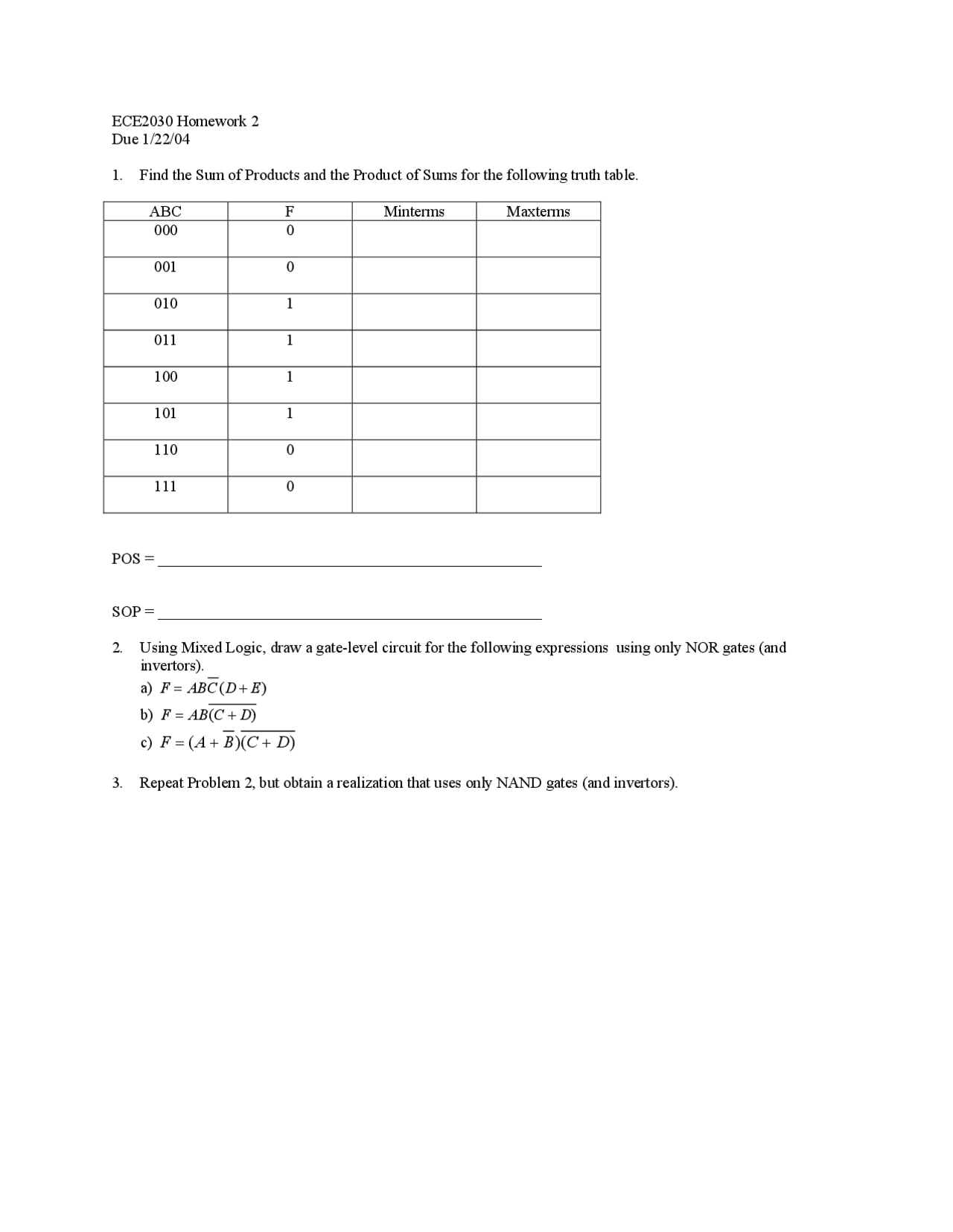 Homework 2 Introduction To Computer Engineering Ece 2030 Docsity