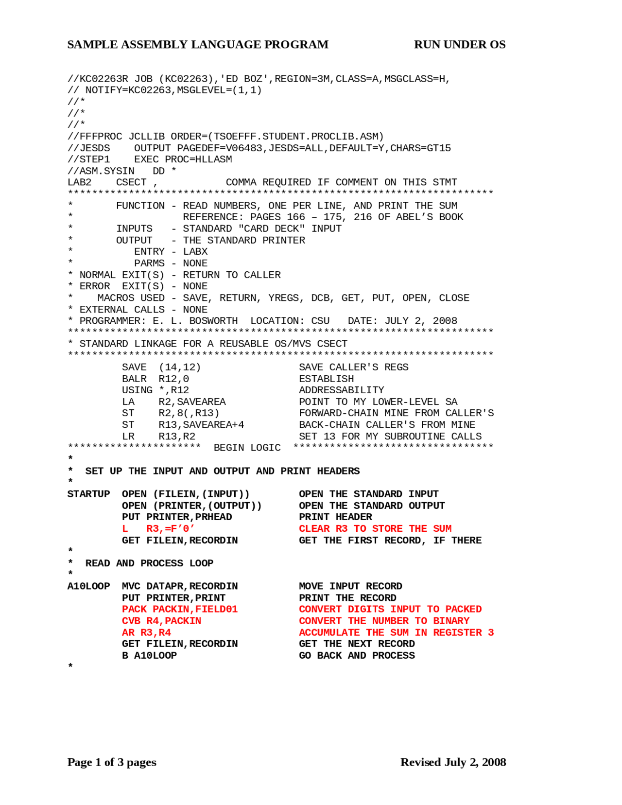 Sample Assembly Language Program - Run Under OS | CPSC 3121 - Docsity