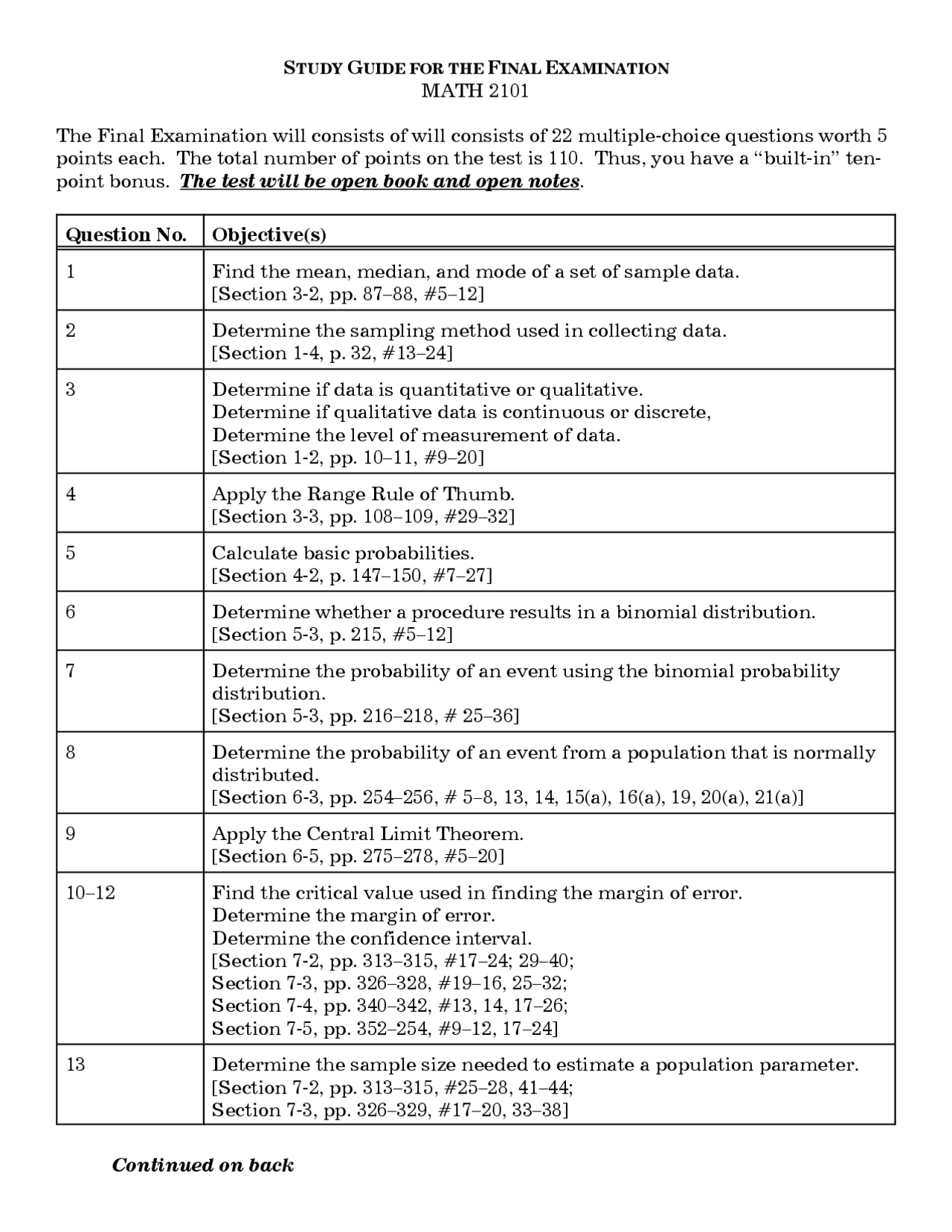 Study Guide for Final Exam - Introduction to Statistics | MATH 2101 ...