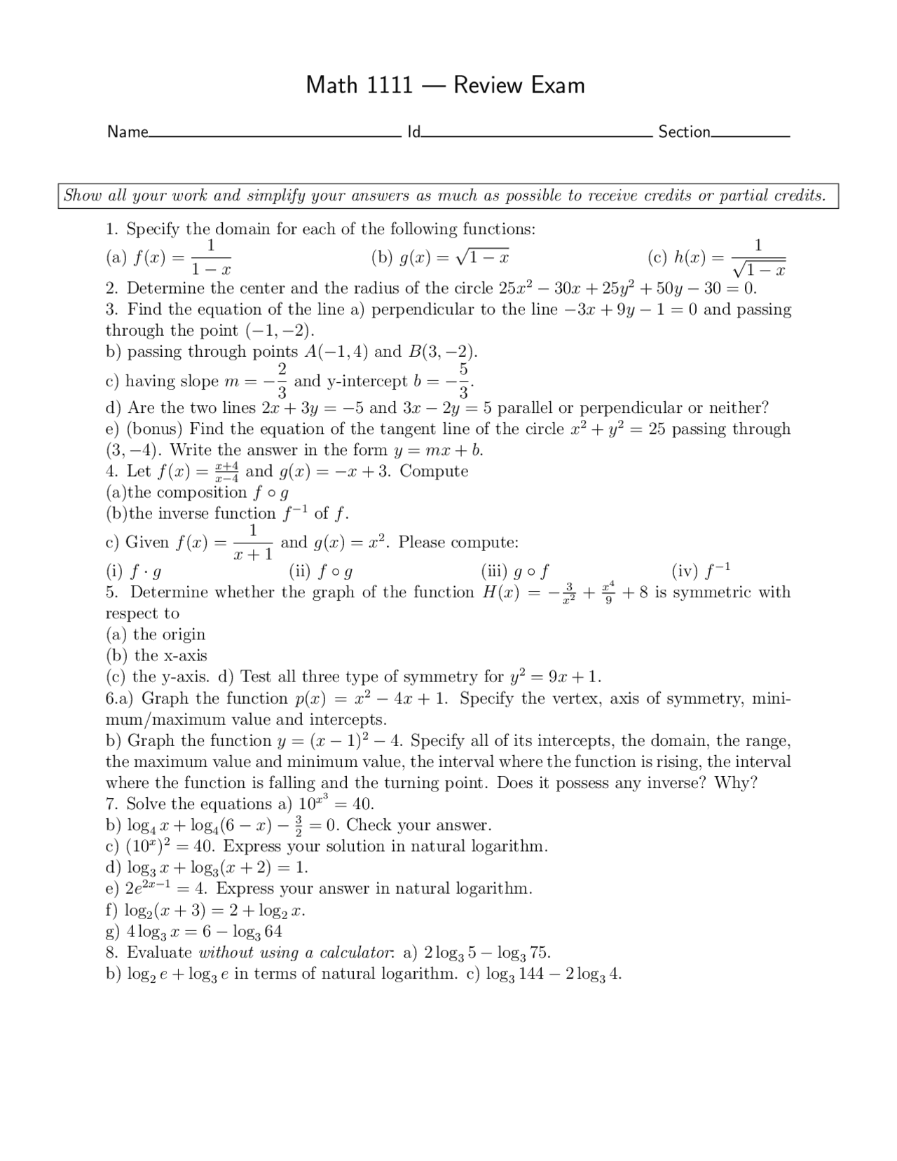 Exam 1 Review - College Algebra-Hybrid | MATH 1111 - Docsity