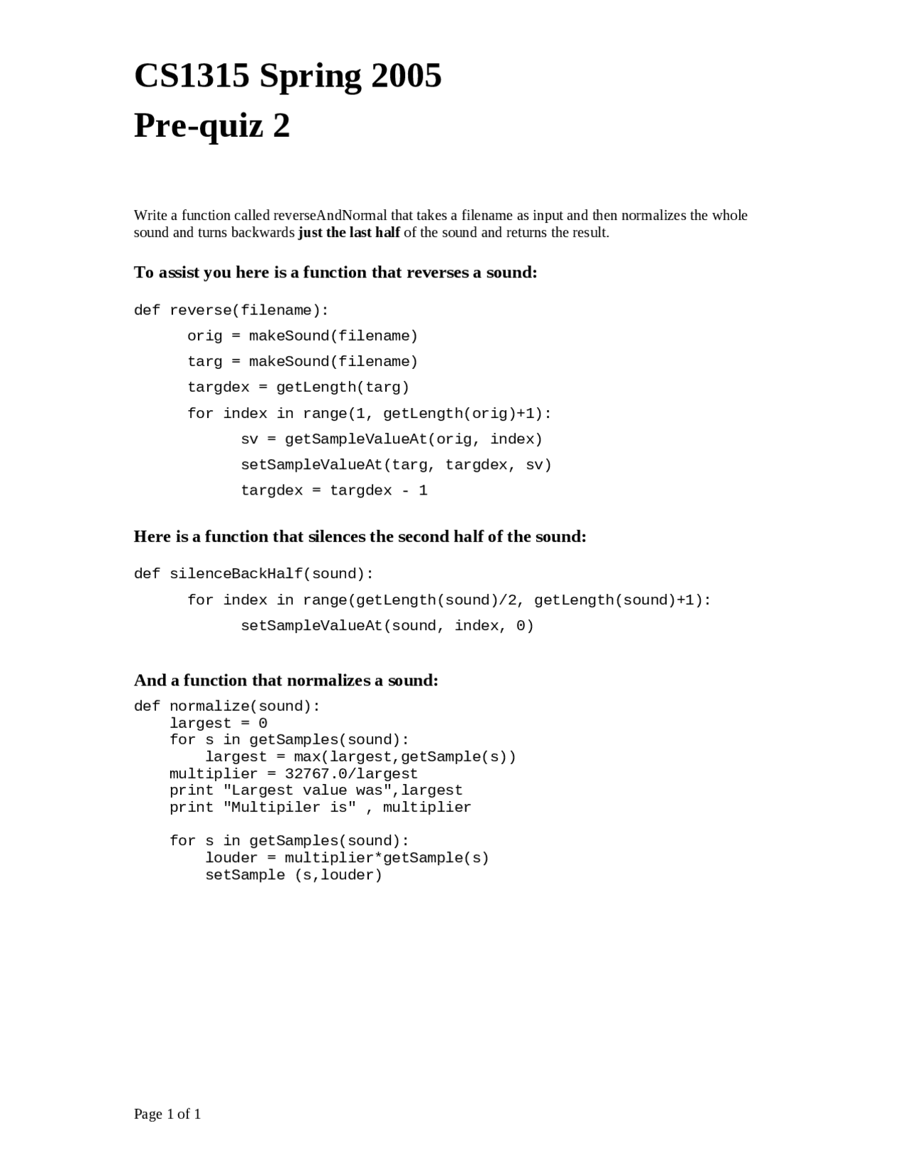 Reverse and Normal Functions - Quiz 2 | CS 1315 - Docsity