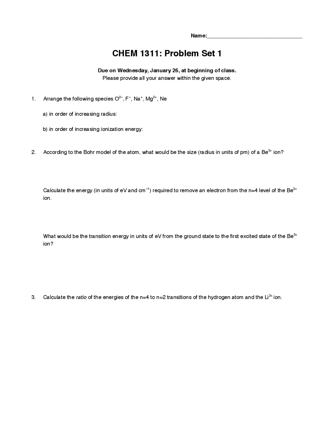 Problem Set 1 Inorganic Chemistry I Chem 1311 Docsity