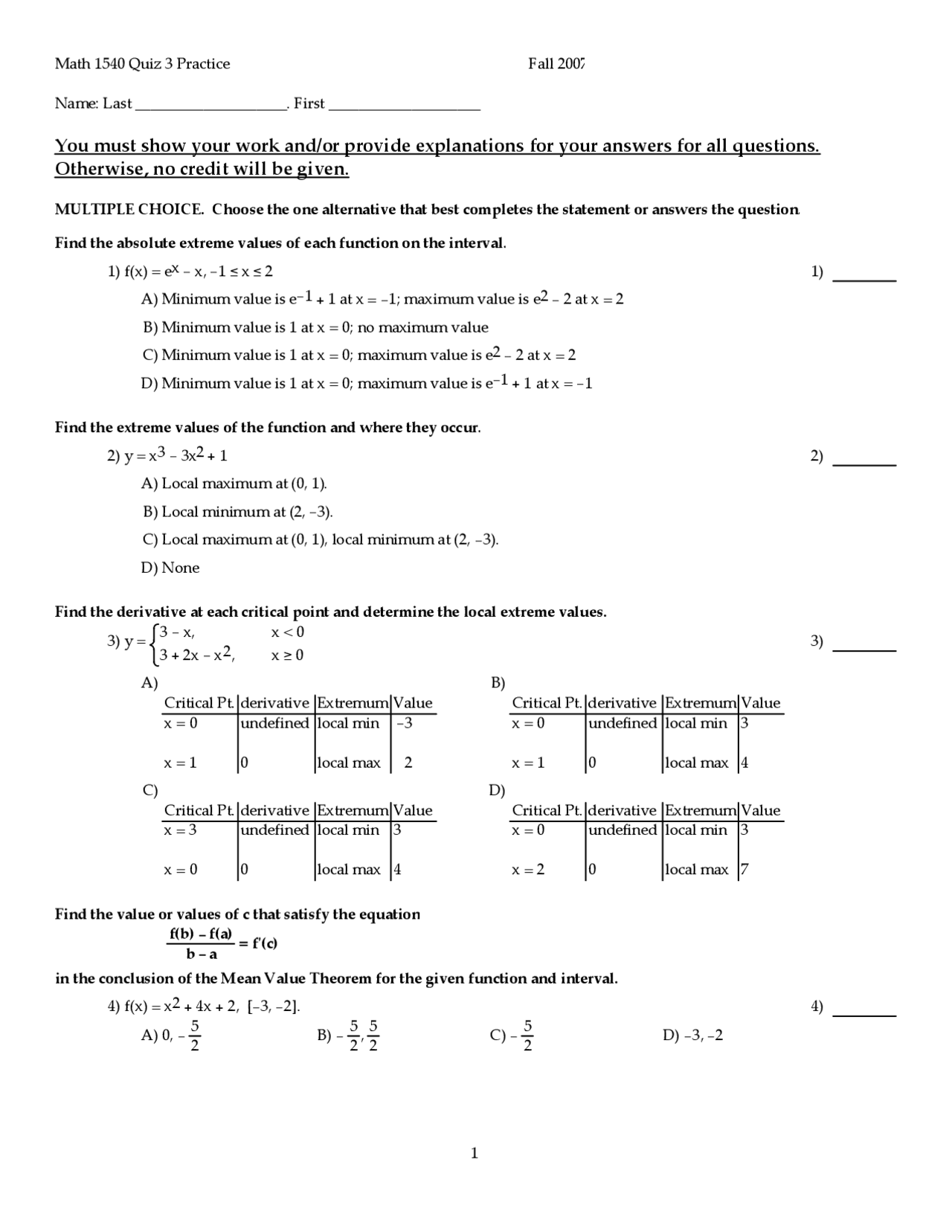 22 Problems With Answer Key On Calculus I Quiz 3 Math 1540 Docsity