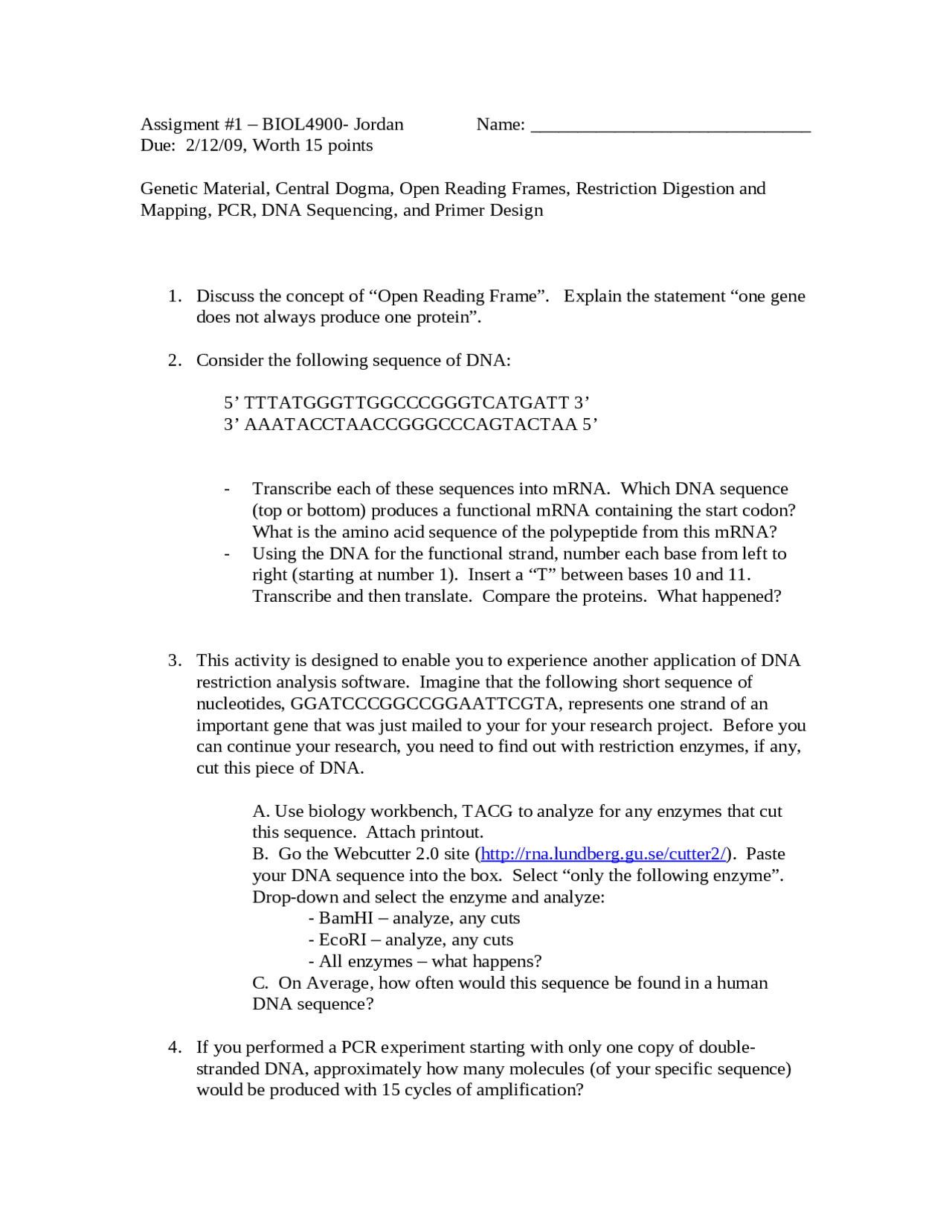 7 Problems On Biocomputing Assignment 1 Biol 4900 Docsity 