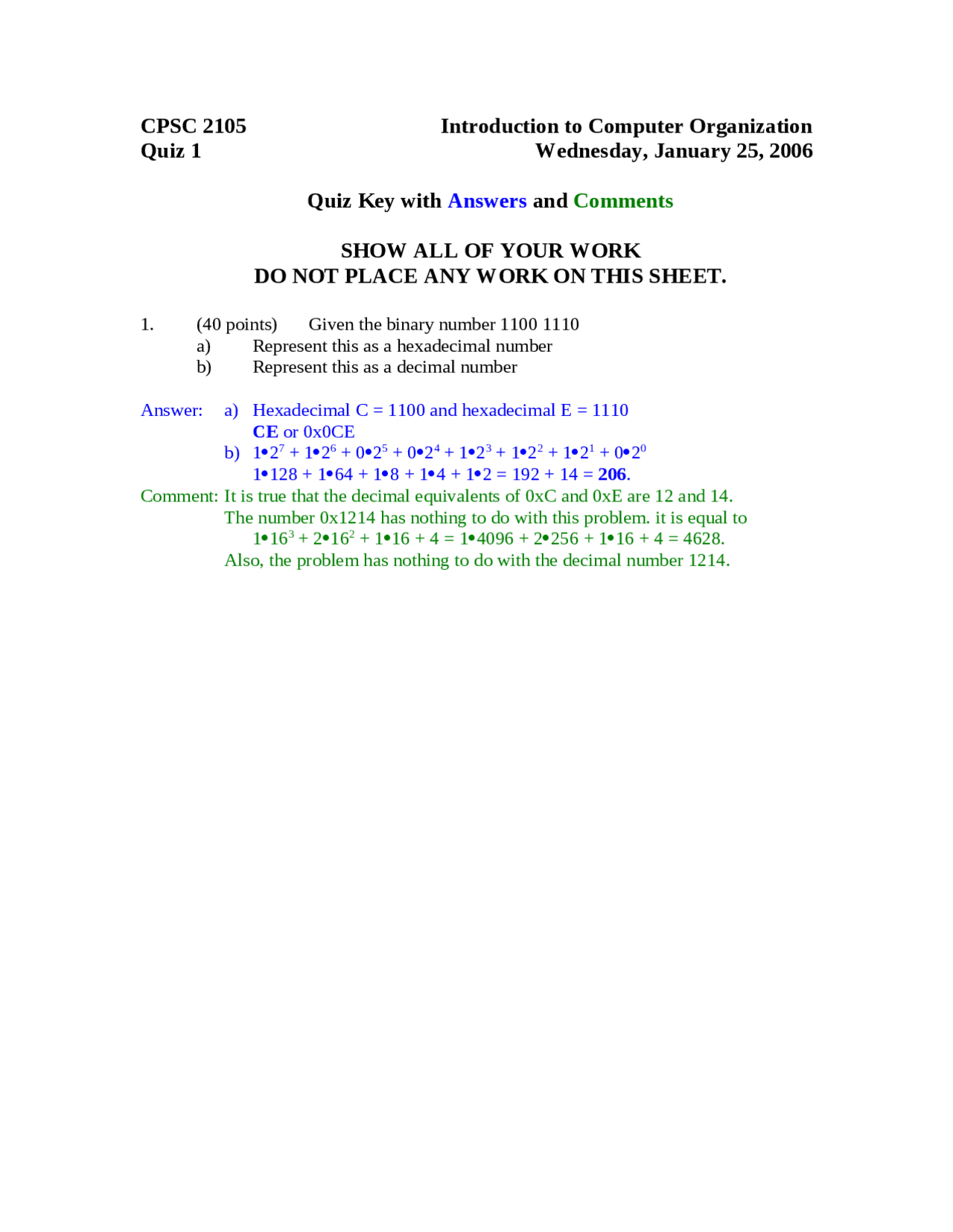 Quiz With Answer Key And Comments Computer Organization Cpsc 2105