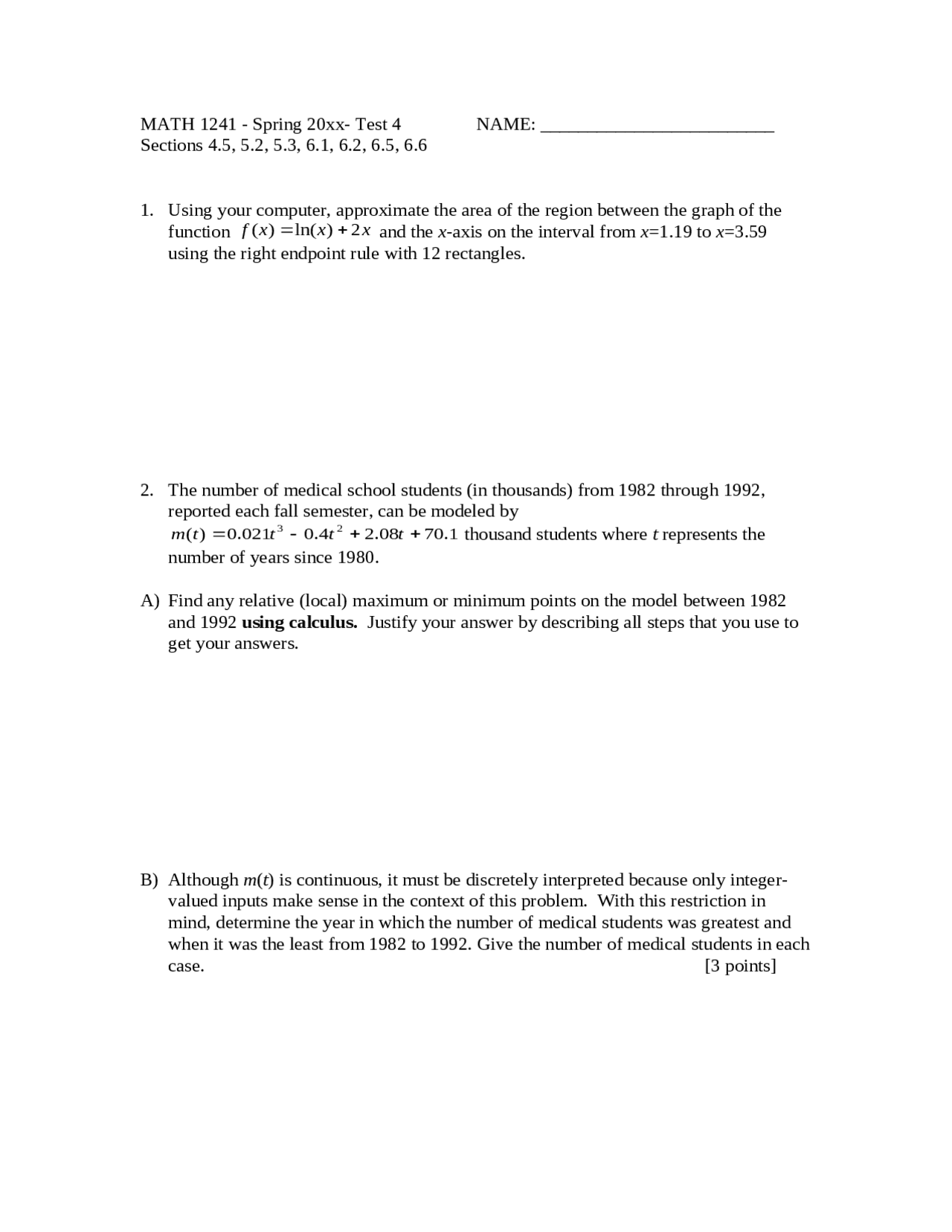 Exam 4 Review Survey Of Calculus Math 1241 Docsity