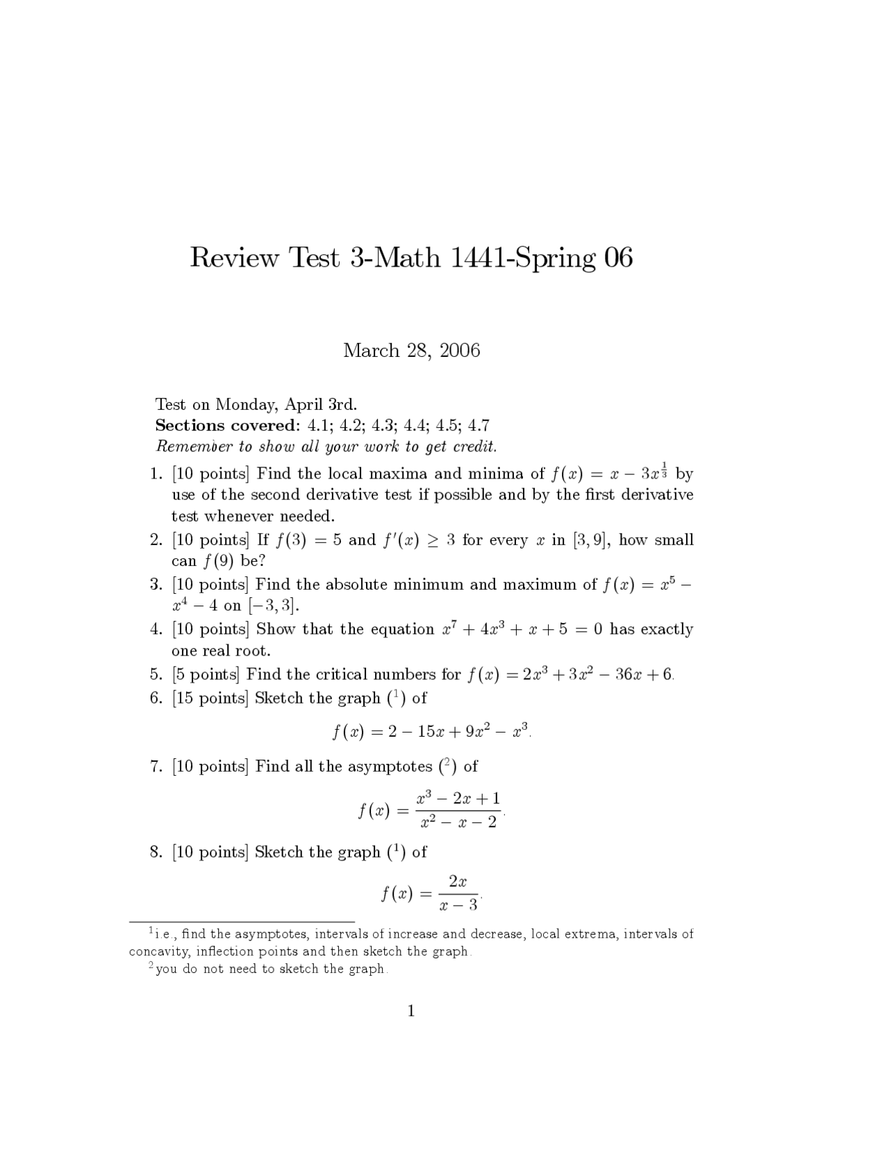 Review For Test Iii Calculus I Spring 2006 Math 1441 Docsity