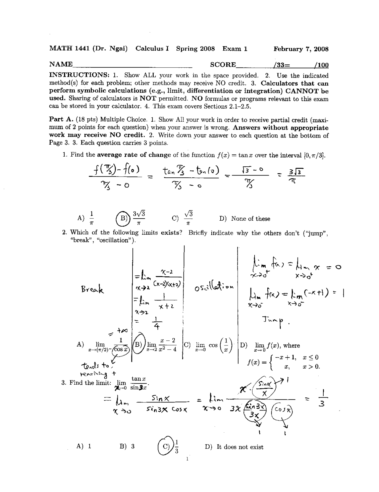 Solved Exam 1 Spring 2008 - Calculus I | MATH 1441 - Docsity