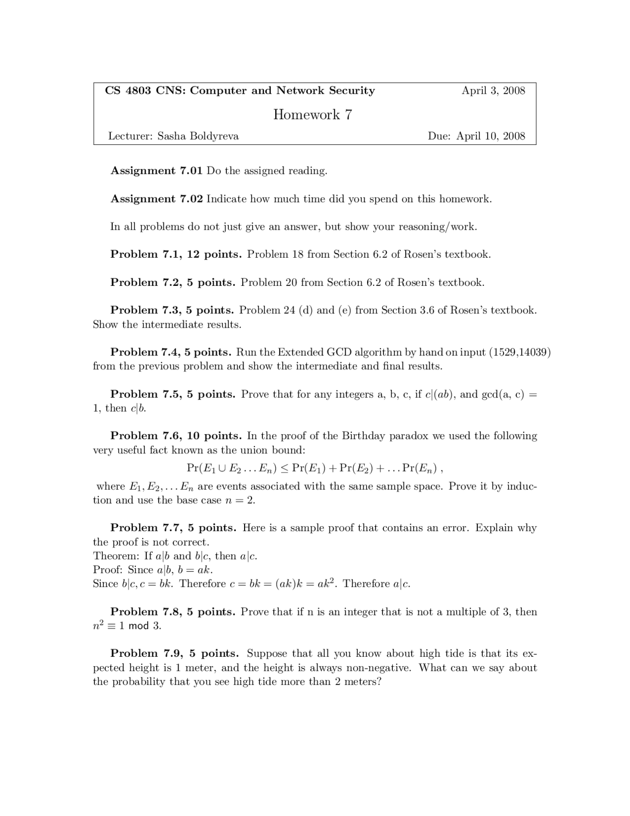 9 Problems On Computer And Network Security Homework 7 Cs 1050 Docsity