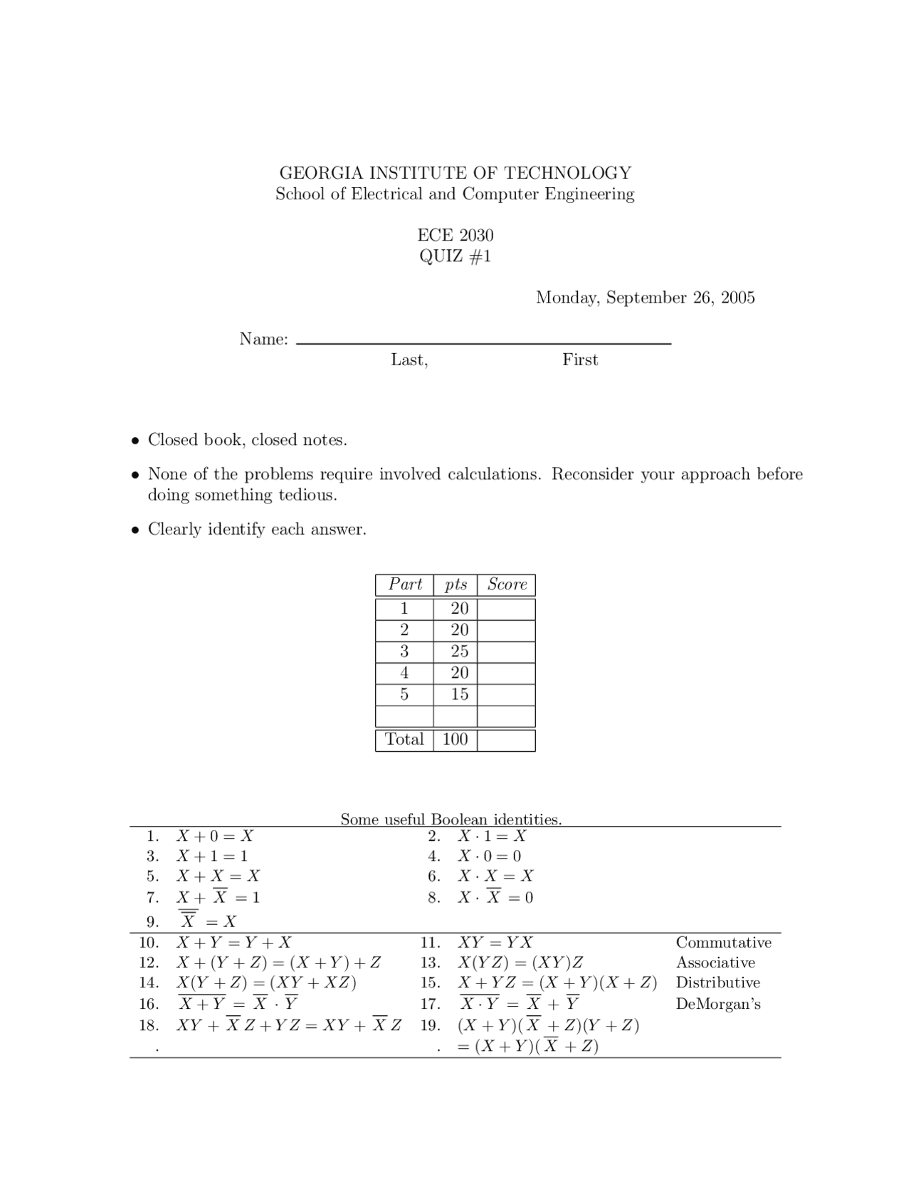 5 Questions for Quiz 1 - Introduction to Computer Engineering | ECE 2030 - Docsity