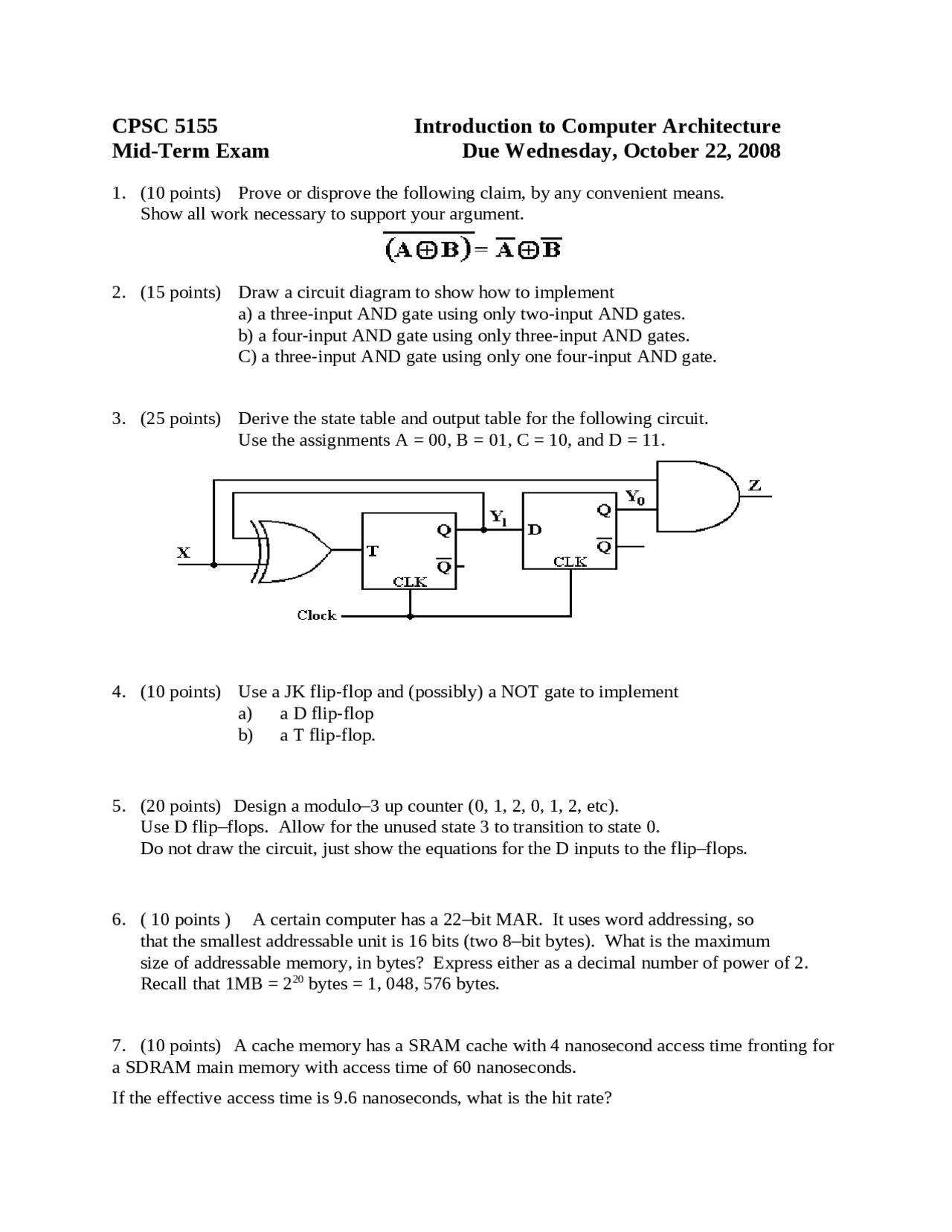 7 Problems on Computer Architecture - Midterm Examination | CPSC 5155G ...