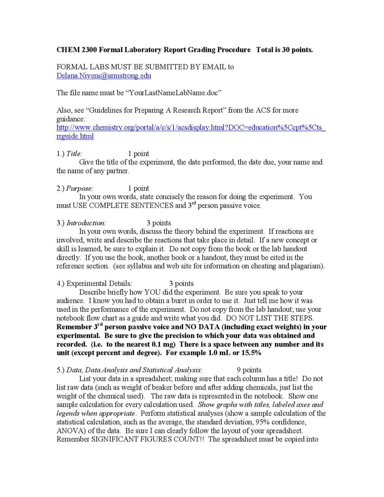 Formal Laboratory Report Grading Procedure - Principles of Chemical ...