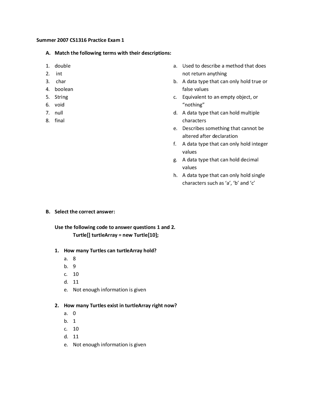 Practice Exam 1 For Structure And Behavior Cs 1316 Docsity
