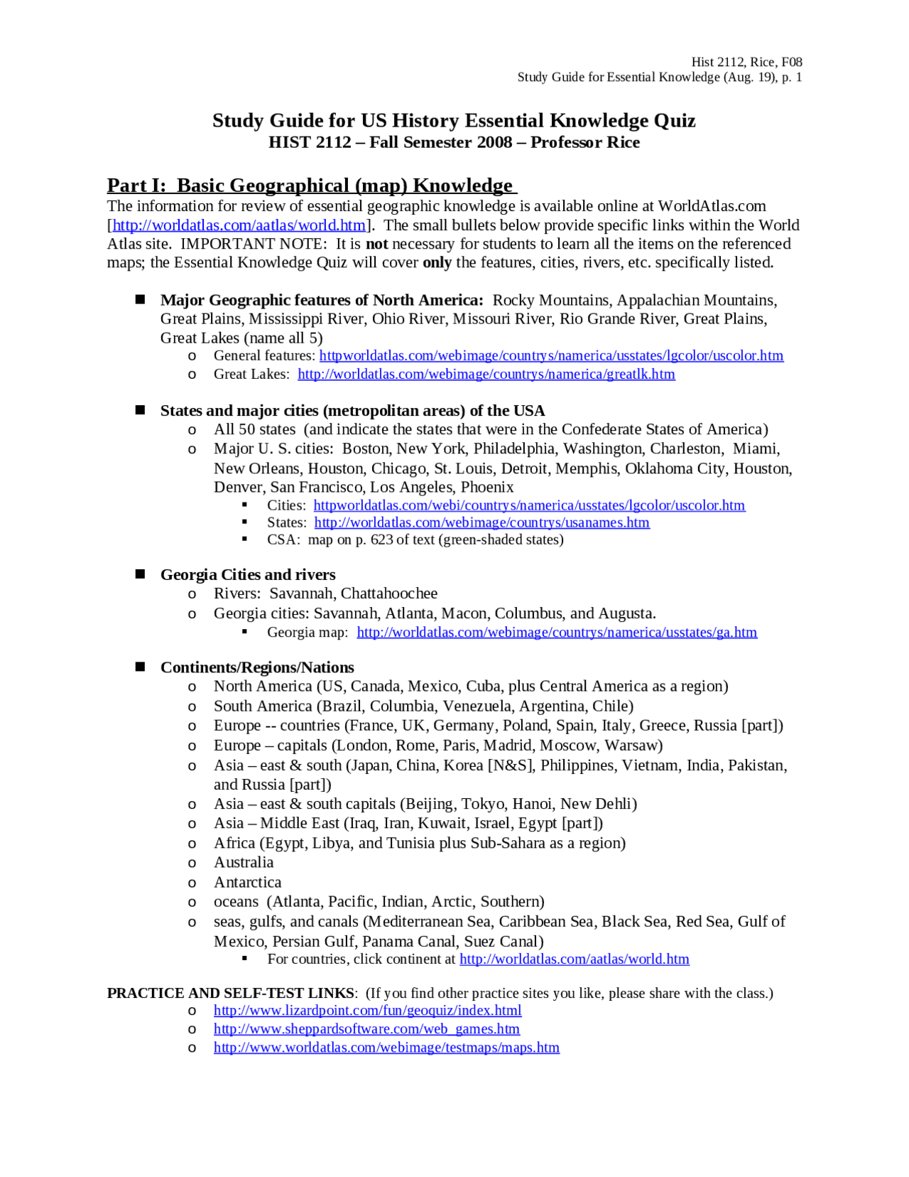 Fall 2008 Study Guide: Geography, Chronology, and Presidents for Hist ...