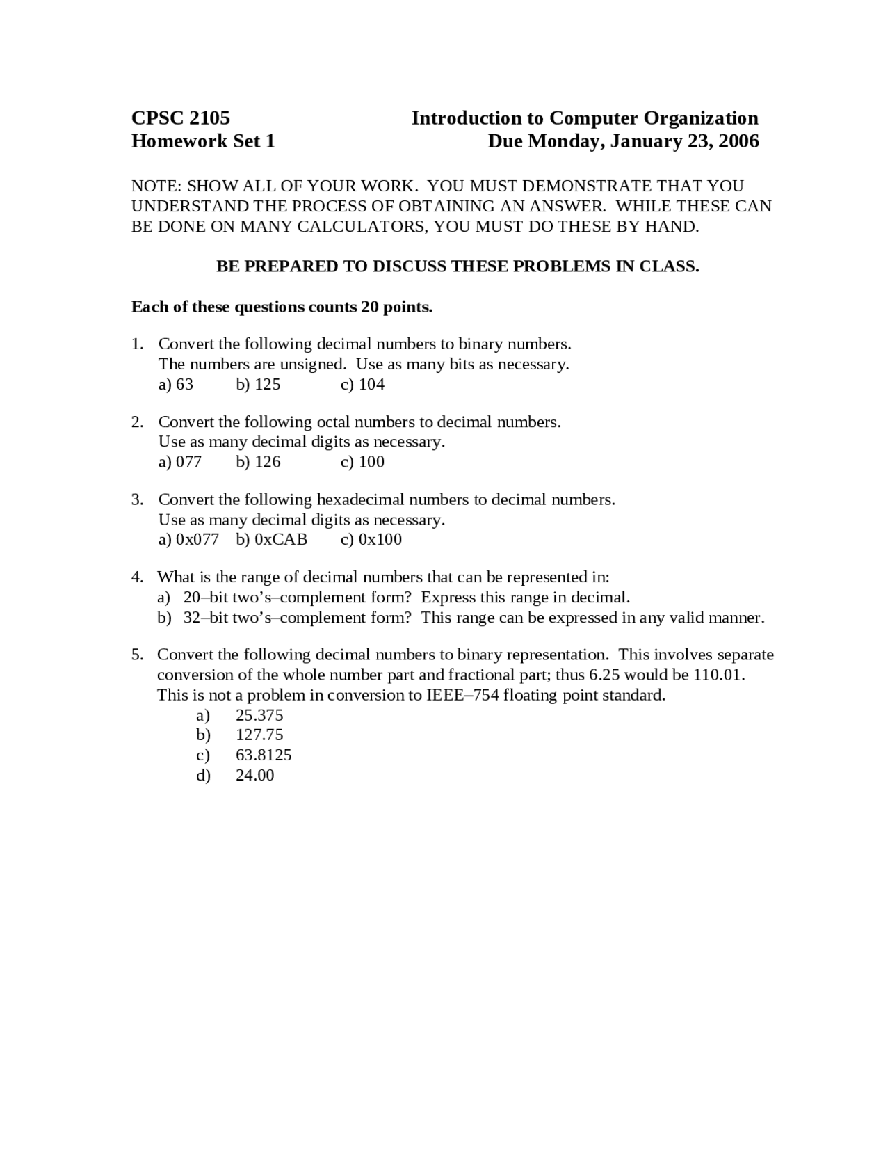 Homework 1 Problems - Computer Organization | CPSC 2105 - Docsity