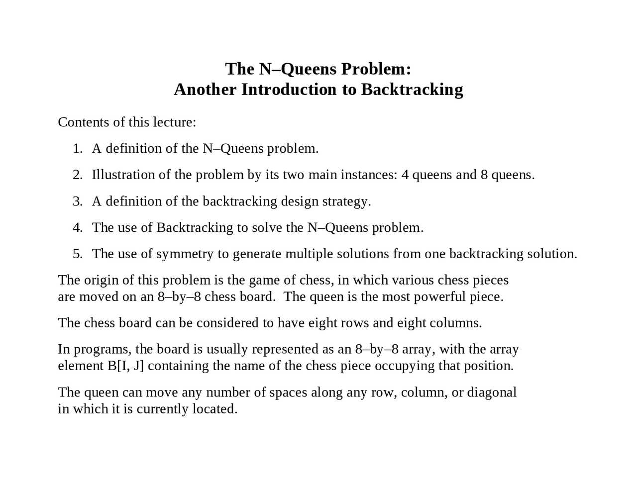 The N Queens Problem Another Introduction To Backtracking Cpsc 5115g Docsity