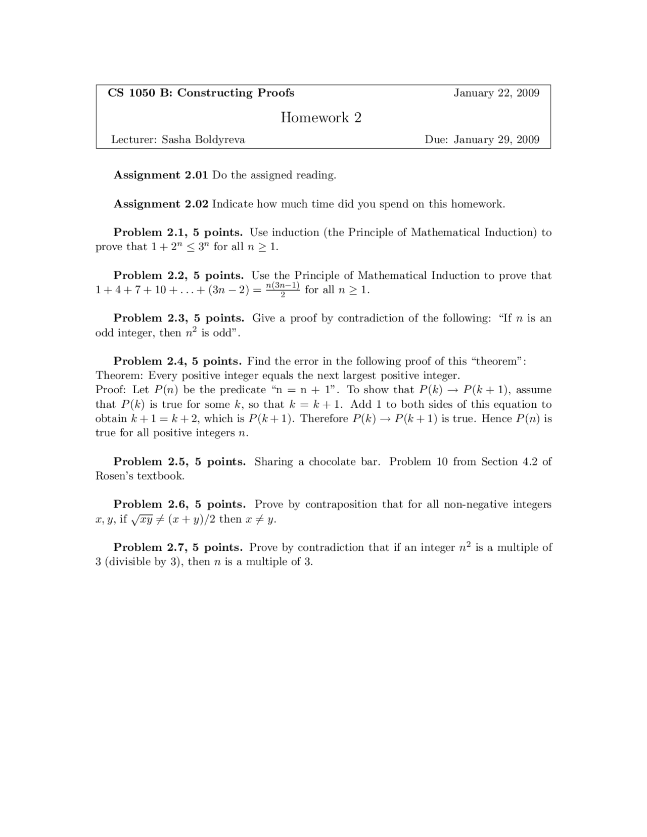 Understanding And Constructing Proofs Homework 2 Cs 1050 Docsity