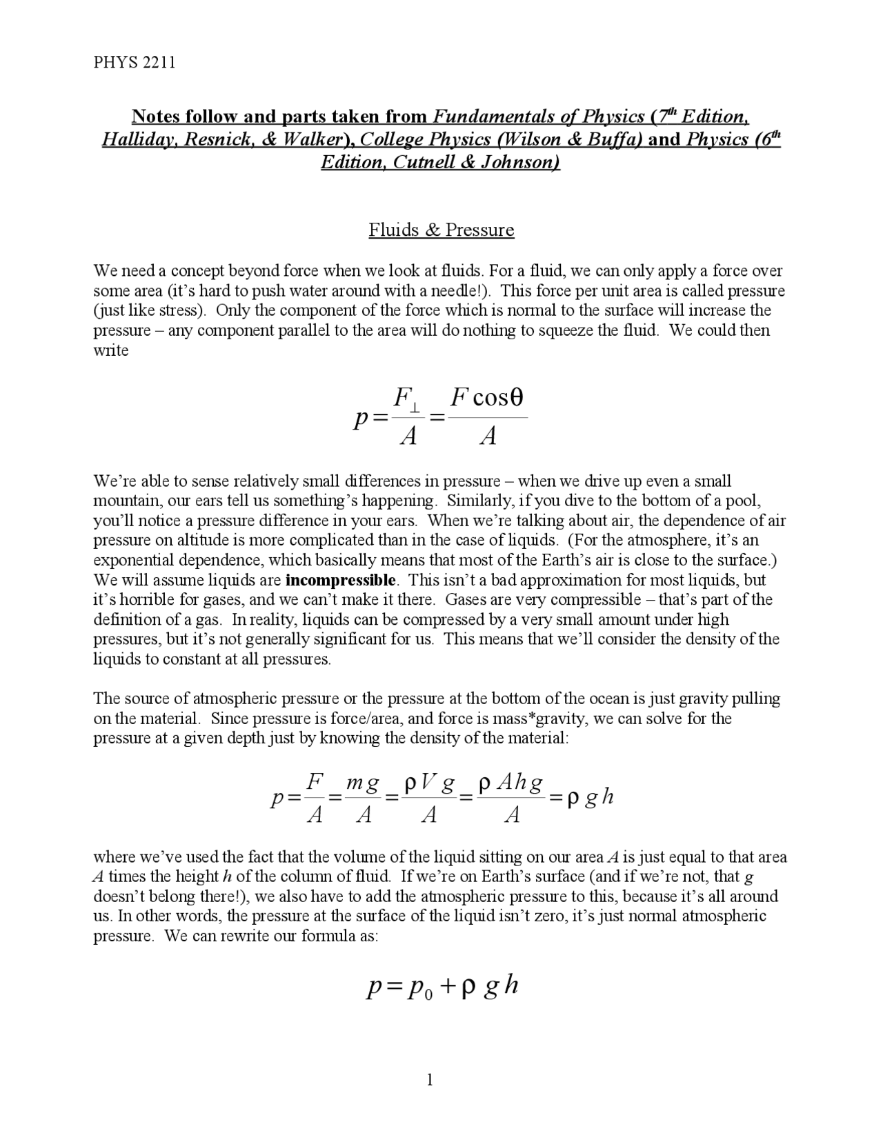 Fluid and Pressure Notes - Principles of Physics I | PHYS 2211 - Docsity