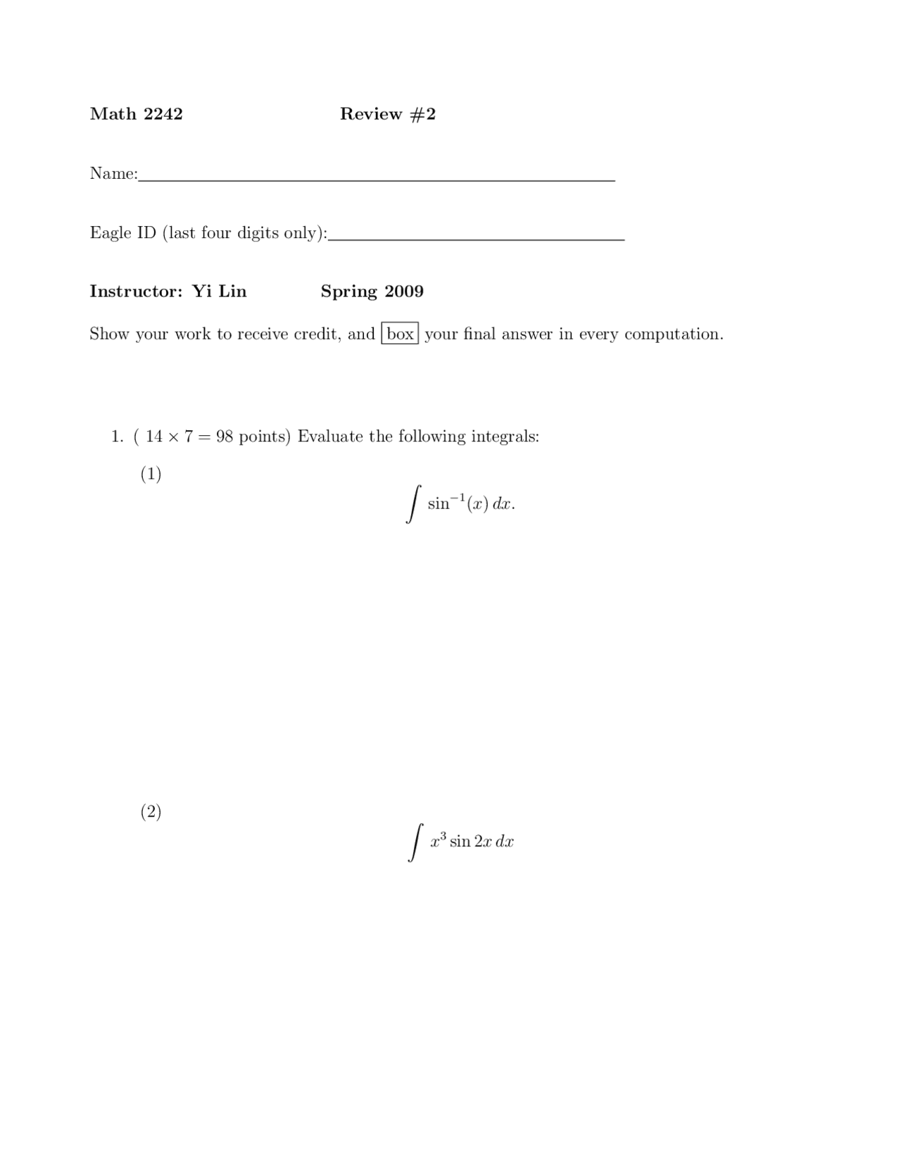 Exam 2 Review Sheet Calculus Ii Math 2242 Docsity
