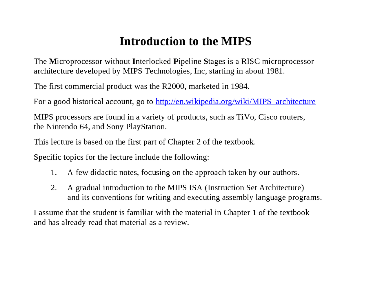 Introduction To The Mips Lecture Notes Cpsc 6155 Docsity