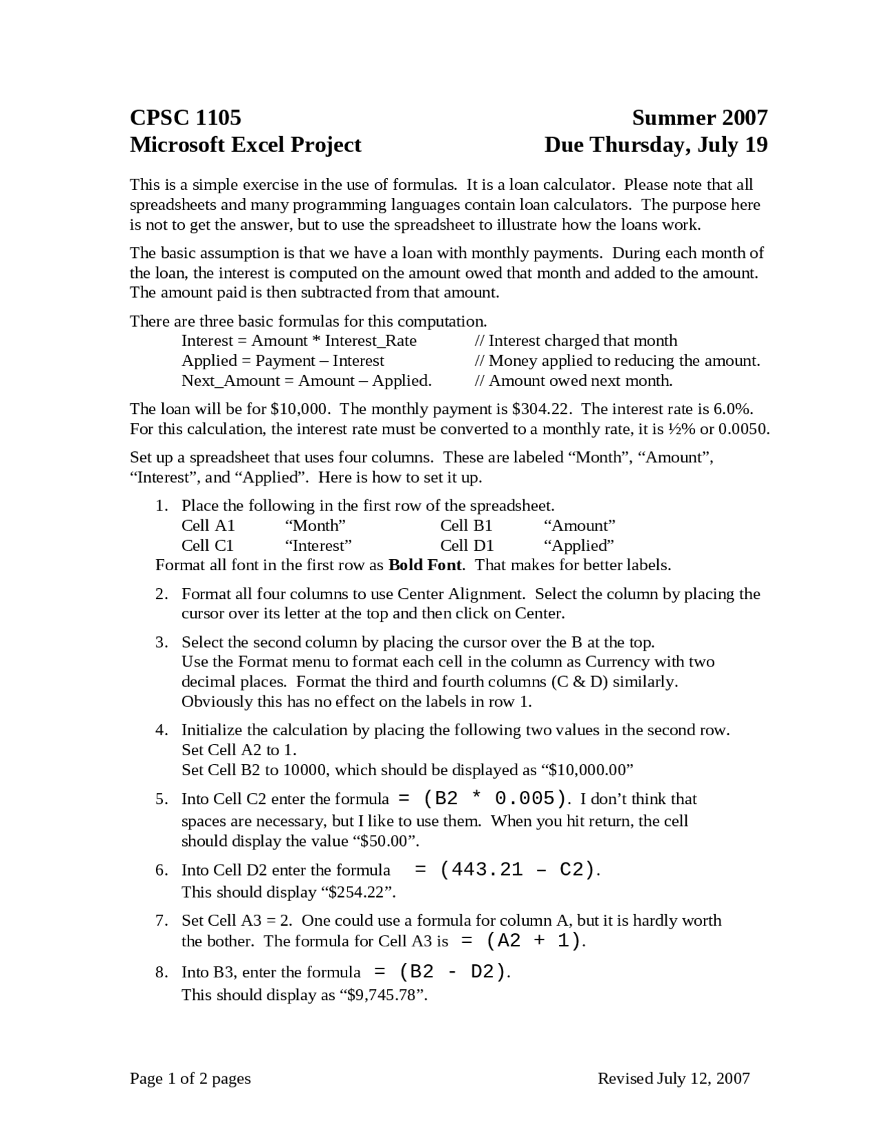 Microsoft Excel Project - Introduction to Information Technology | CPSC 1105 - Docsity