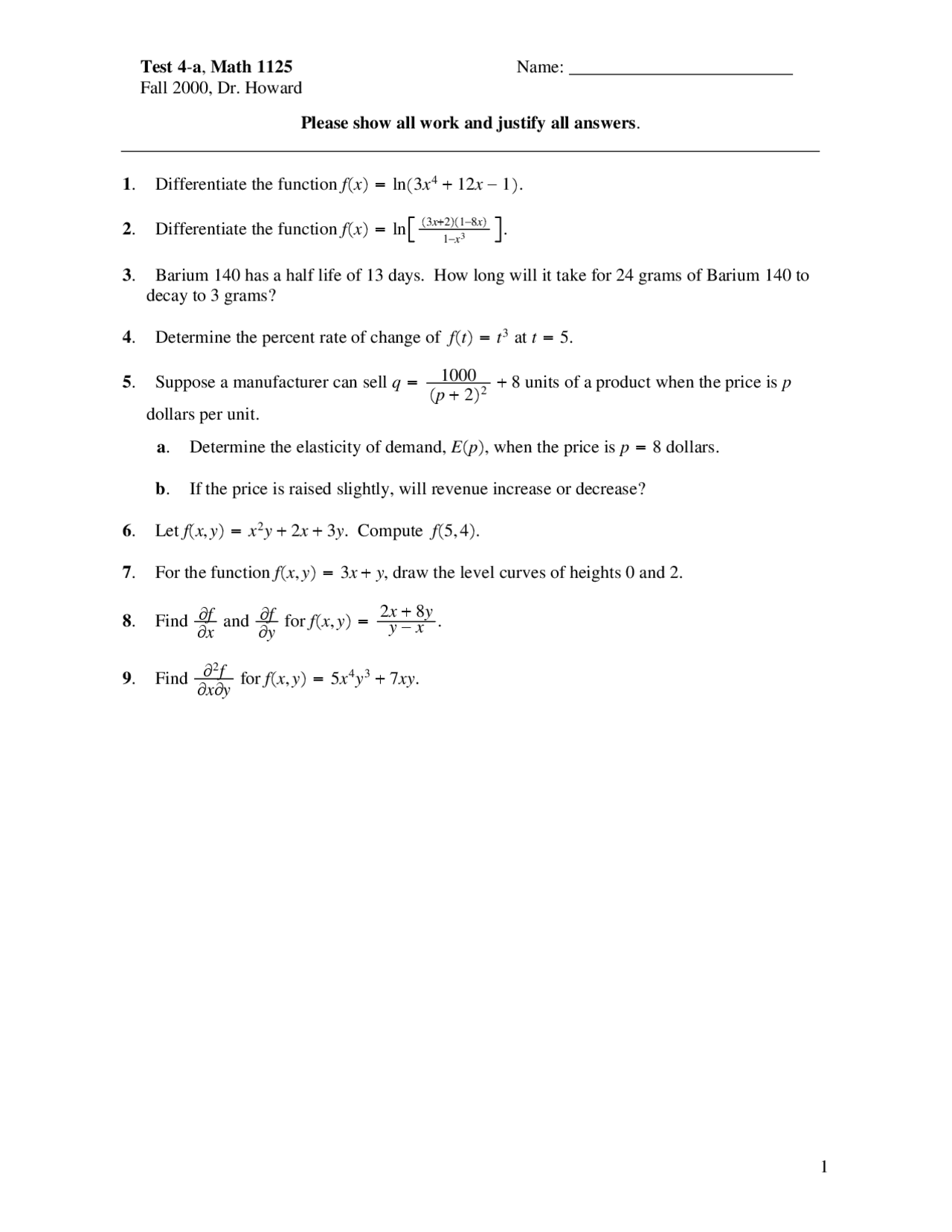9 Questions On Applied Calculus Test 4a Math 1125 Docsity