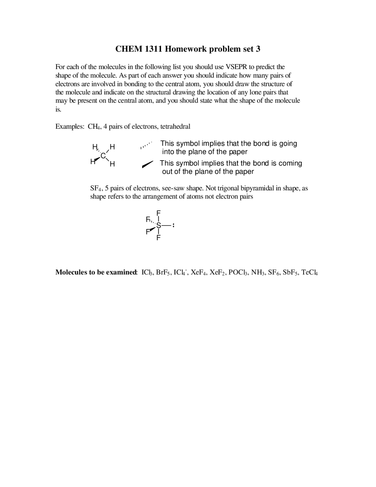 Homework 3 Inorganic Chemistry I Chem 1311 Docsity