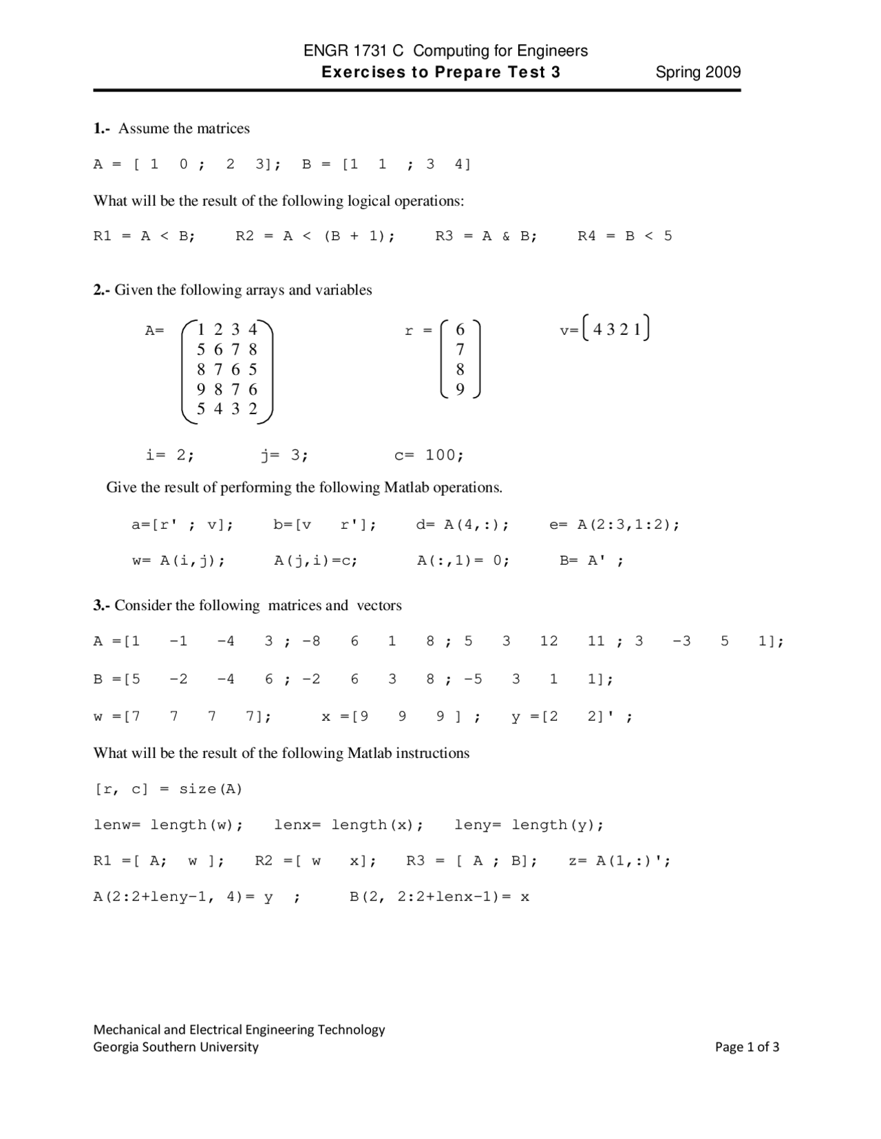 Test 3 Questions Computing For Engineers Engr 1731 Docsity
