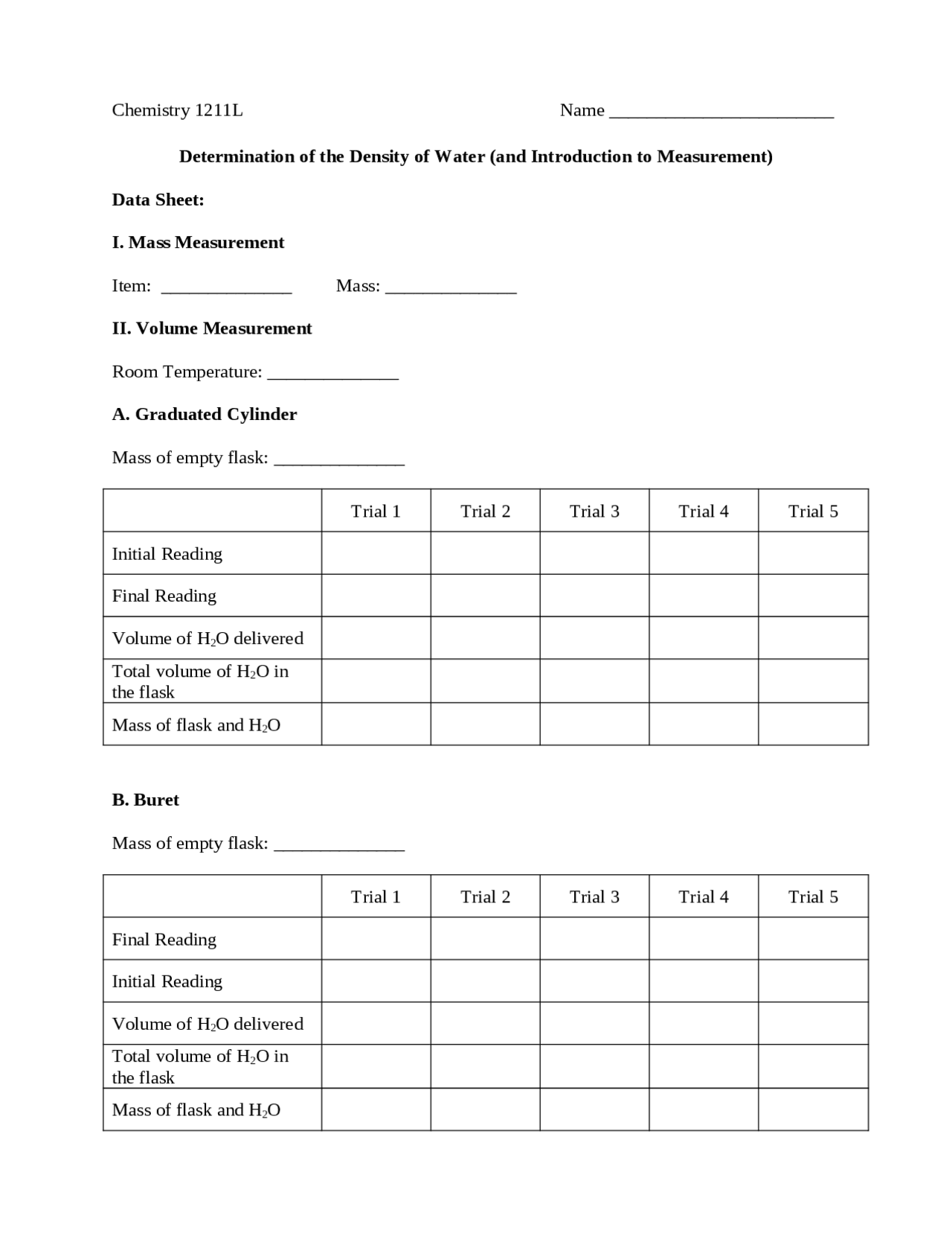 Determination Of The Density Of Water Lab Chem 1211l Docsity