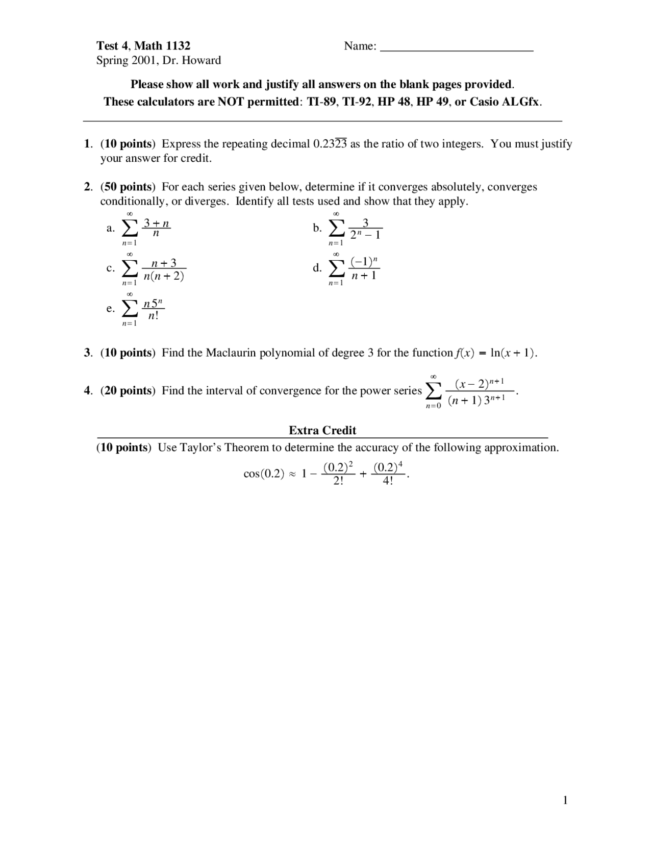 Exam 4 Practice - Calculus with Analytic Geometry 2 | MATH 1132 | Exams Analytical Geometry and ...