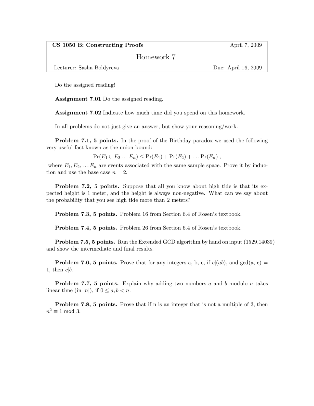 Assignment 7 Problems Constructing Proofs Cs 1050 Docsity
