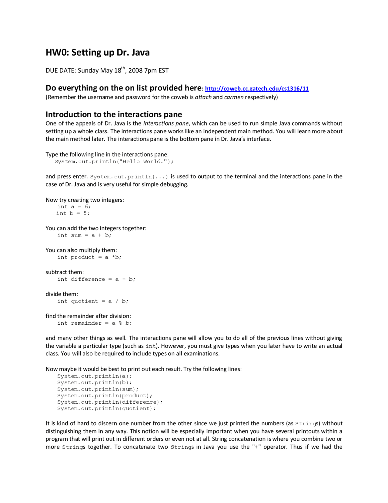 Setting up DrJava - Homework 7 - Representing Structure and Behavior | CS 1316 - Docsity