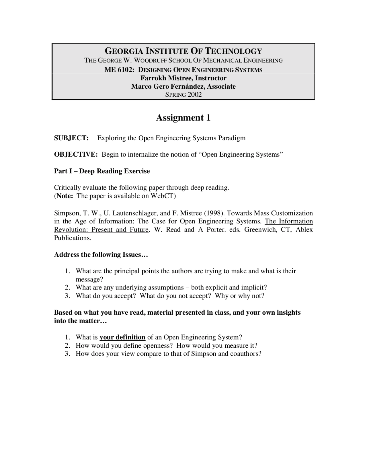 Designing Open Engineering Systems - Assignment #1 | ME 6102 - Docsity