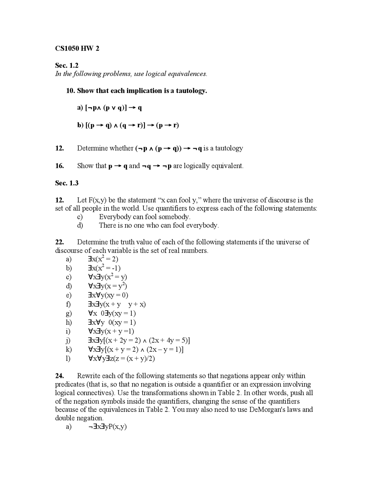 Assignment 2 Questions Constructing Proofs Cs 1050 Docsity