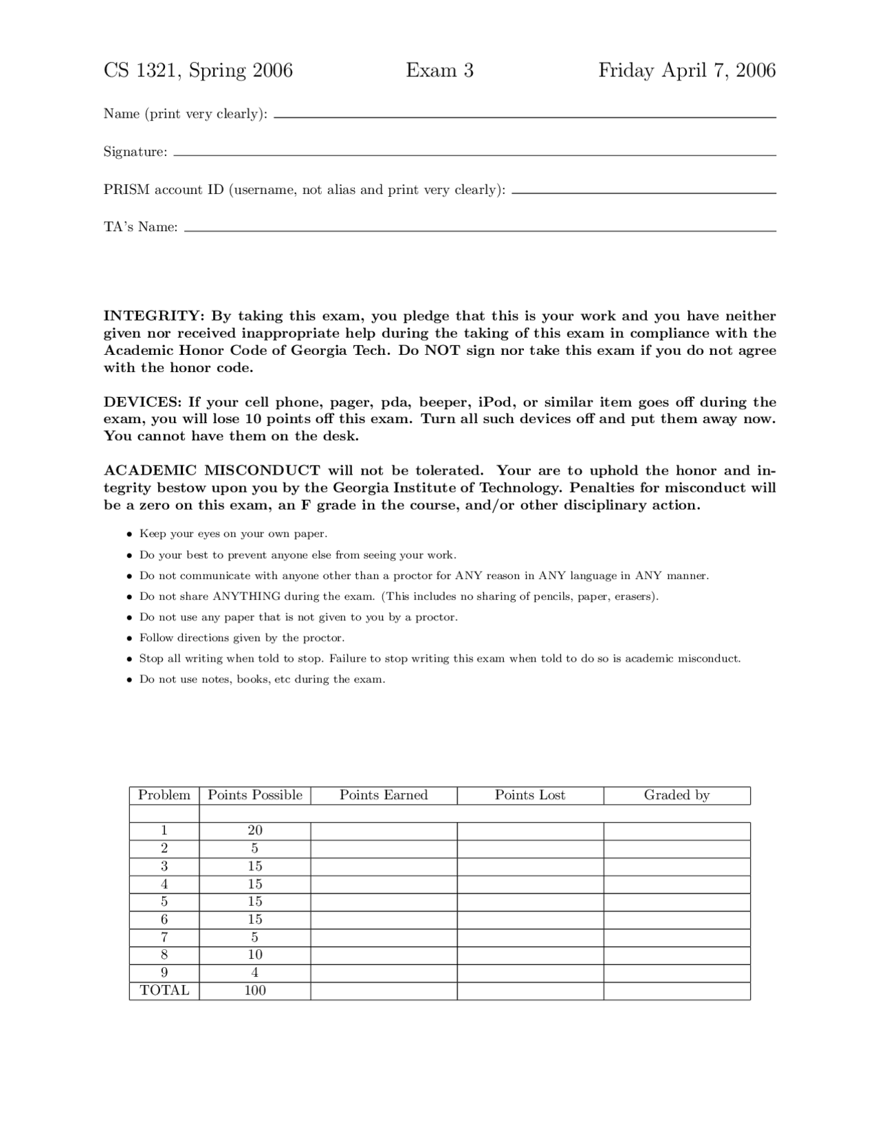 9 Questions In Exam 3 Introduction To Computing Cs 1301 Docsity