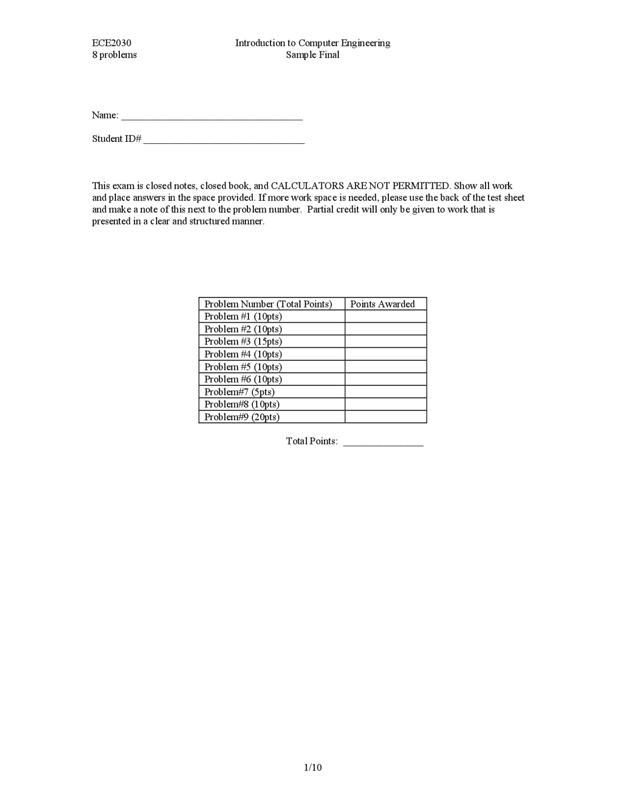 9 Problems for Sample Final Exam - Introduction to Computer Engineering | ECE 2030 - Docsity