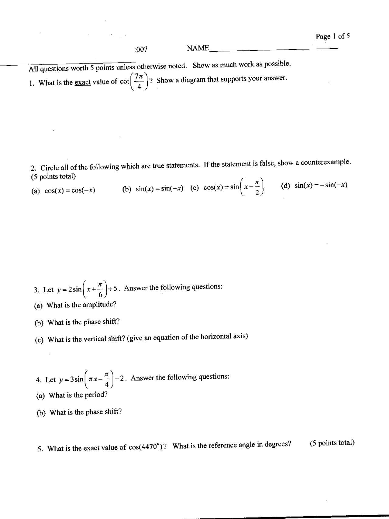 17 Unsolved Questions Exam 3 Pre Calculus Math 1113 Docsity