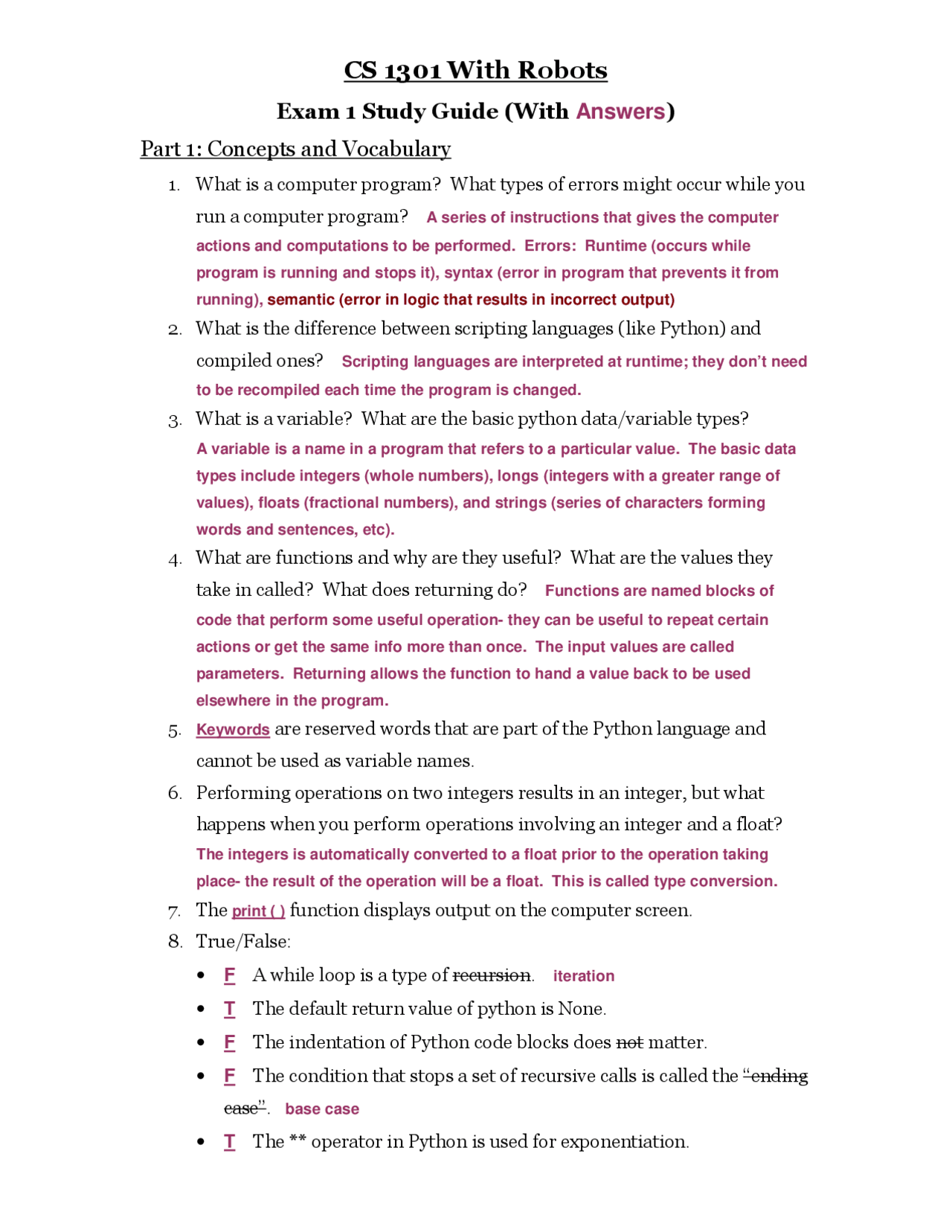 Exam 1 Study Guide with Answers - Introduction to Computing | CS 1301 - Docsity